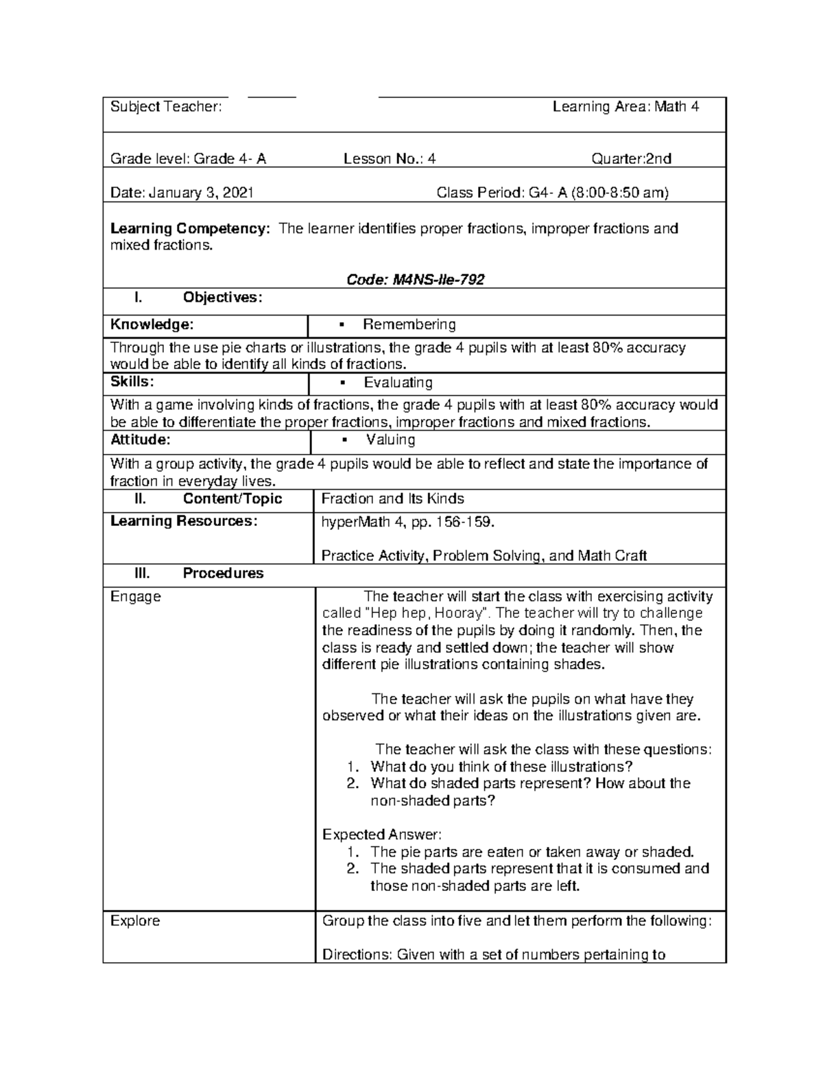MATH LP This Is A Sample Lesson Plan In Math Grade 4 Subject