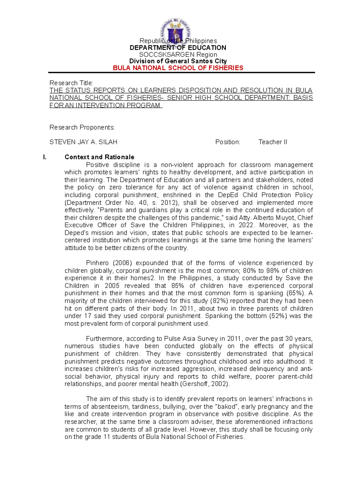 Copy of Action Research Format - Republic of the Philippines DEPARTMENT ...