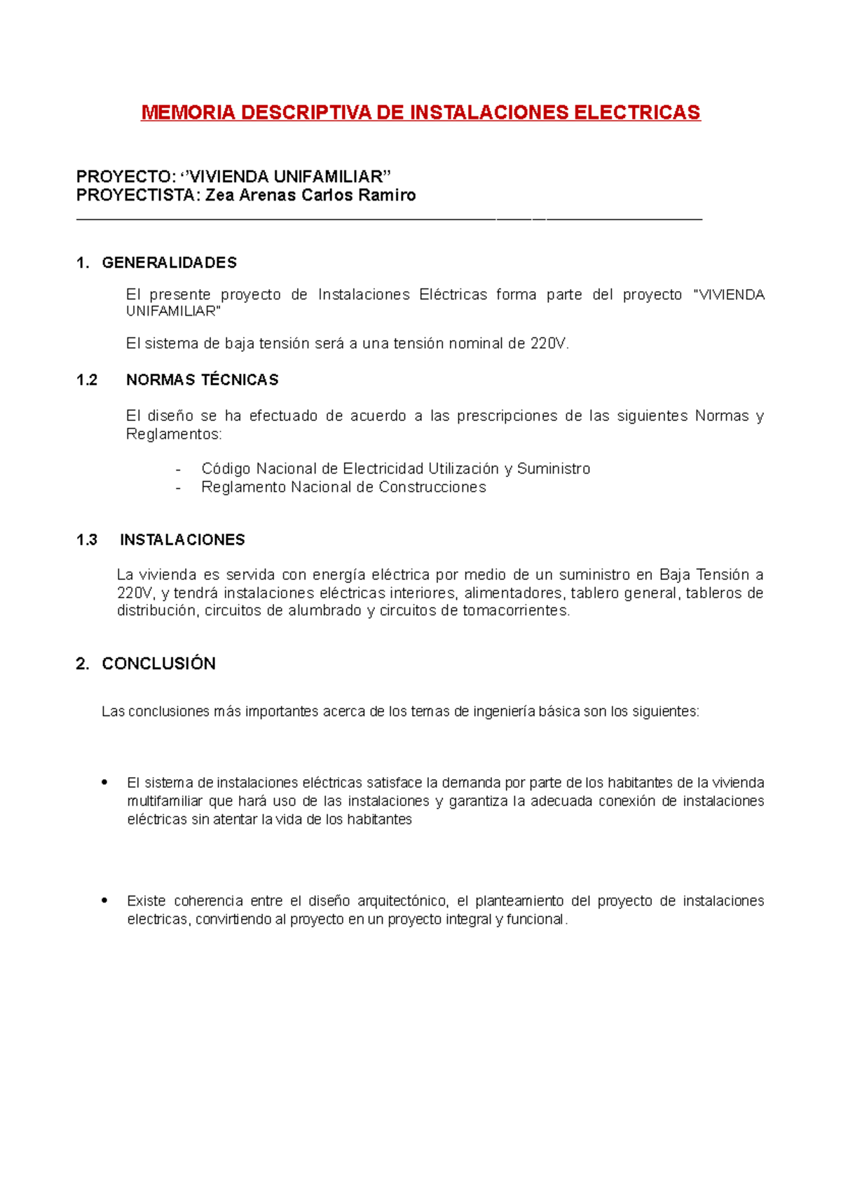 Memoria Descriptiva Electricas - MEMORIA DESCRIPTIVA DE INSTALACIONES ELECTRICAS PROYECTO: - Studocu