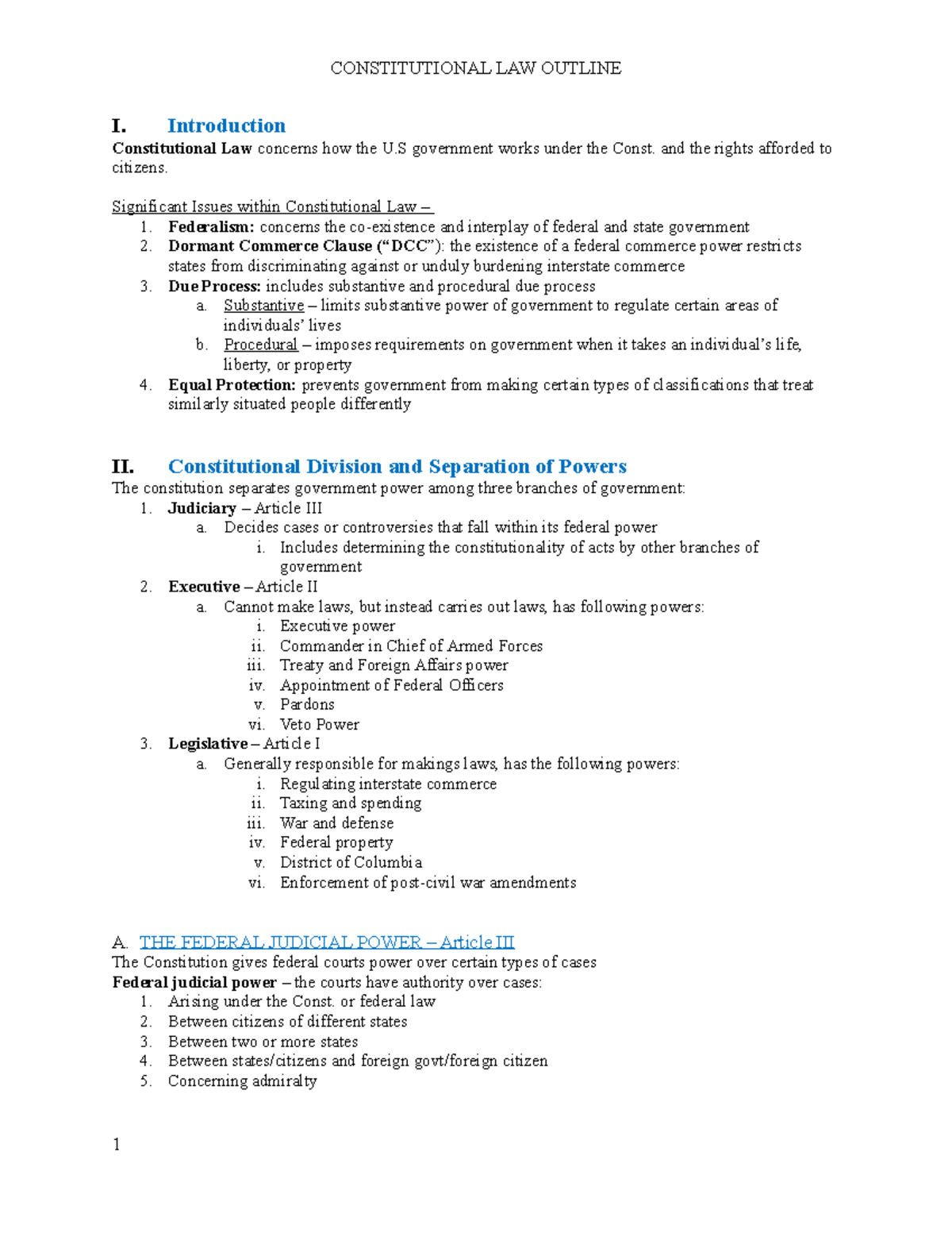 Outline - I. Introduction Constitutional Law concerns how the U ...