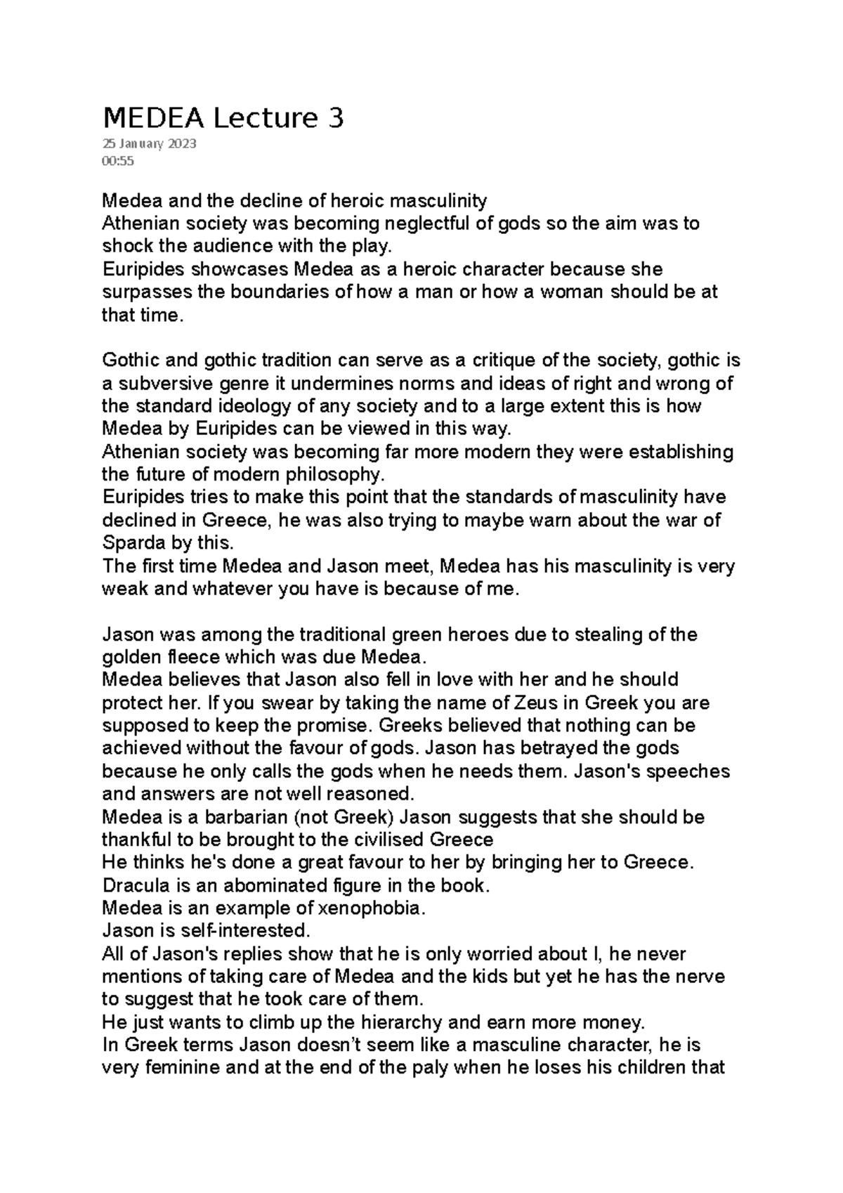 Medea Lecture 3 notes - MEDEA Lecture 3 25 January 2023 00: Medea and ...