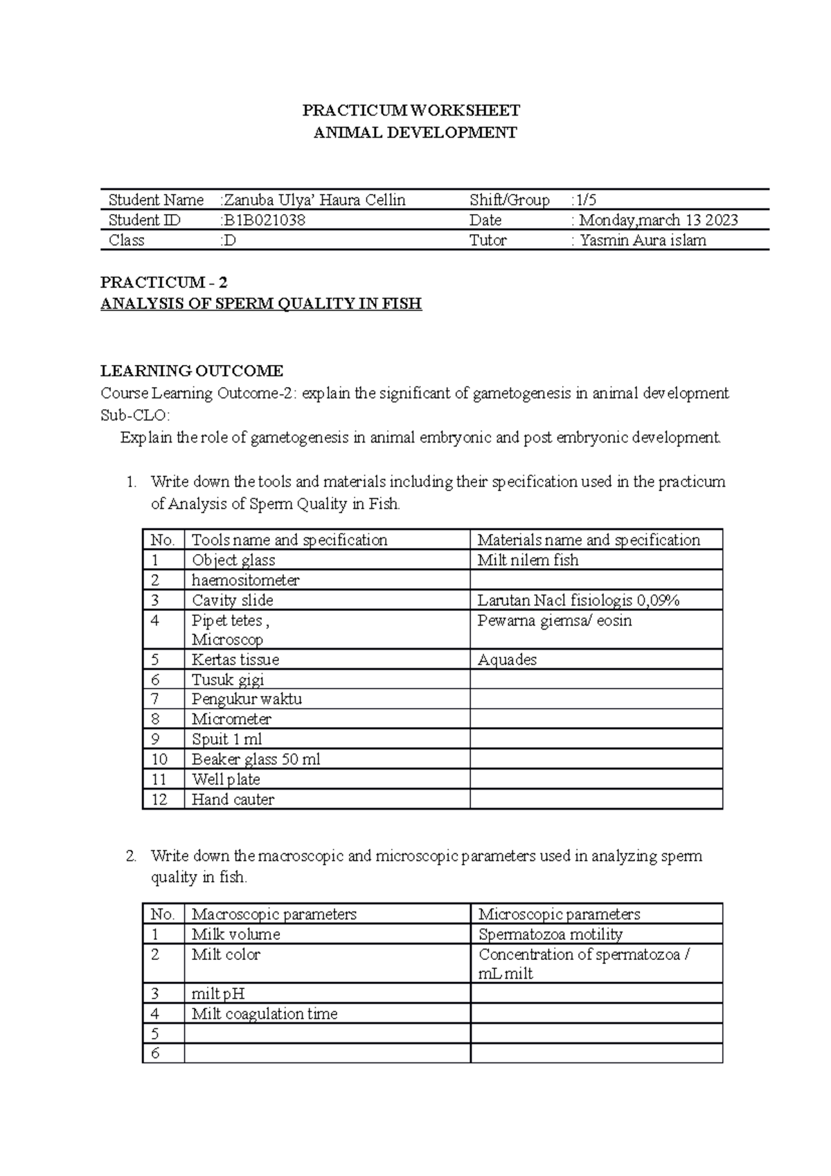 Practicum-2 Worksheet - PRACTICUM WORKSHEET ANIMAL DEVELOPMENT Student ...