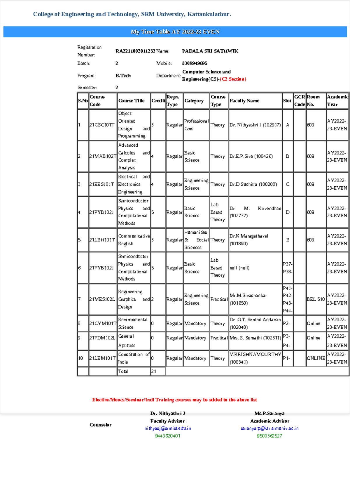 My Time Table 2022-23 - Mmndfjoon yyrfiobf ji - Registration Number ...