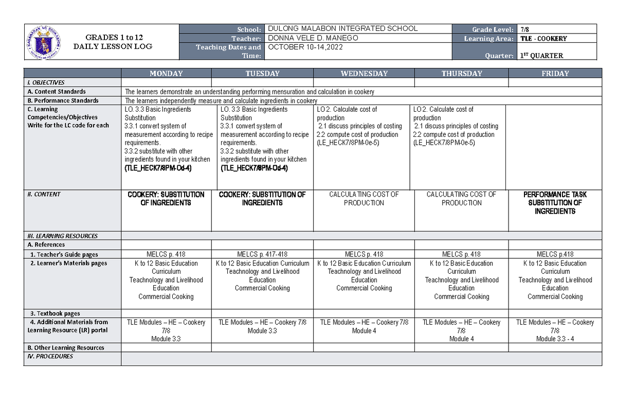 Cookery substitution and cost of production - GRADES 1 to 12 DAILY ...