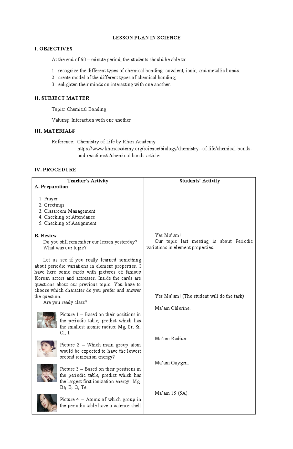 422342923 Chemical Bonding Lesson Plan - LESSON PLAN IN SCIENCE I ...