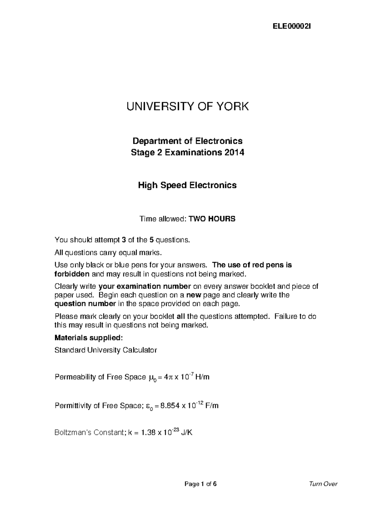 High Speed Electronics Exam 2014 - ELE00002I UNIVERSITY OF YORK ...