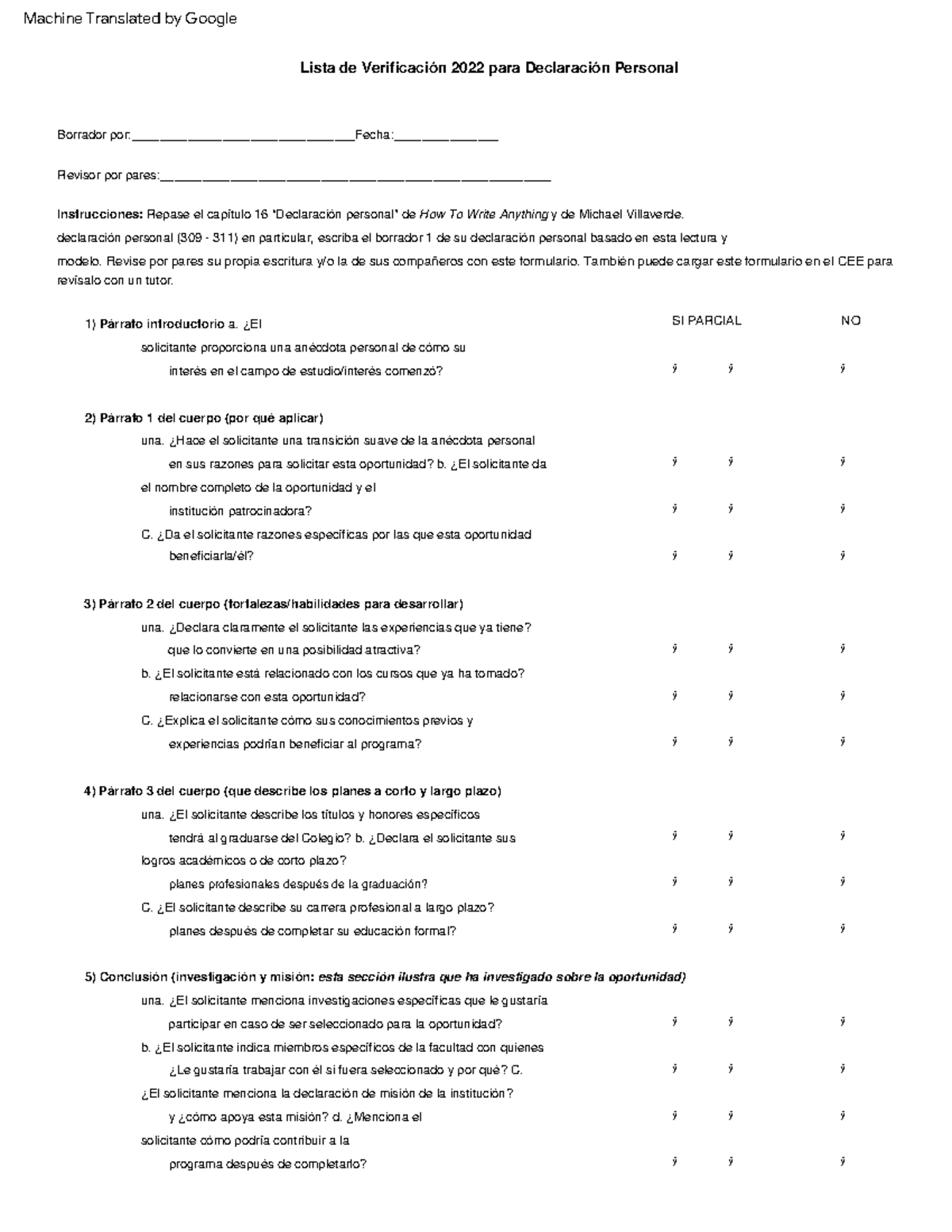Checklist for Personal Statement - Lista de Verificación 2022 para ...