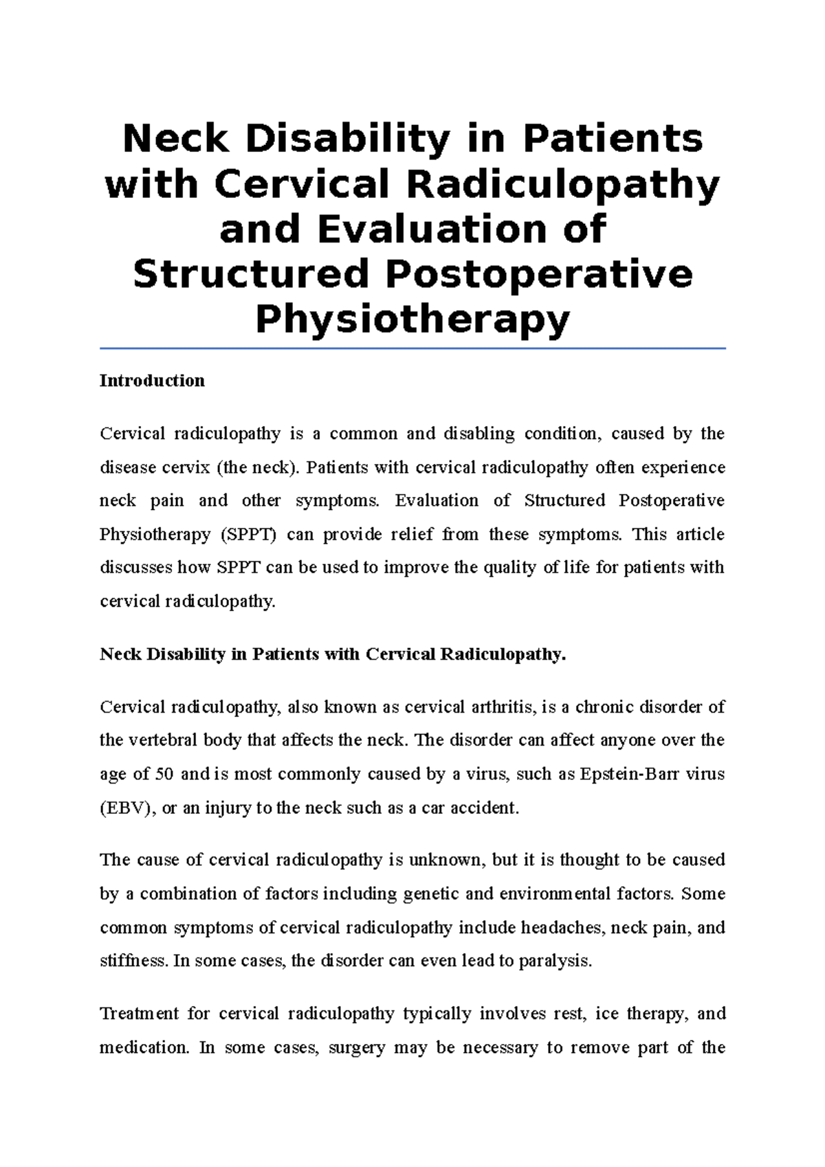 Neck Disability in Patients with Cervical Radiculopathy and Evaluation ...