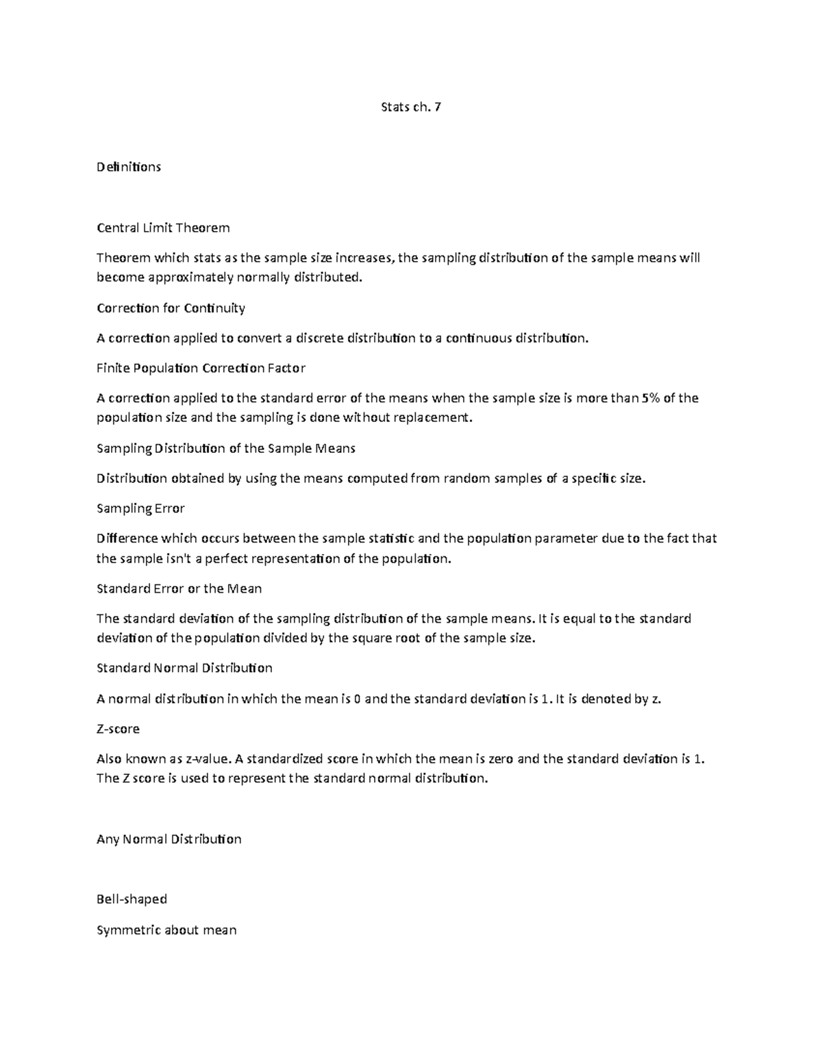 Statistics chapter 7 - Stats ch. 7 Definitions Central Limit Theorem ...