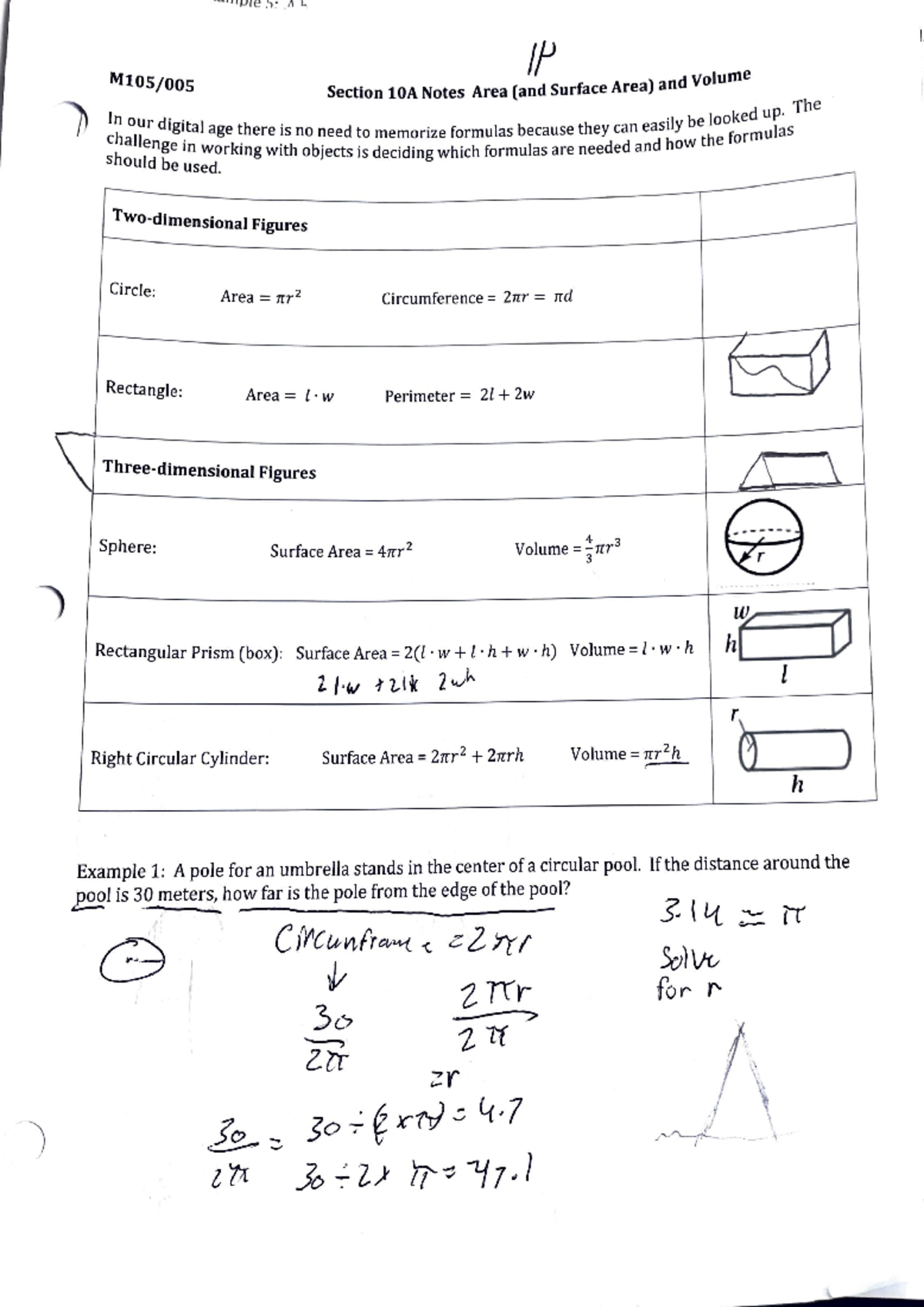 Notes area and volume - Mtos;oos ) ff I rne Section lOA Notes Area (and ...
