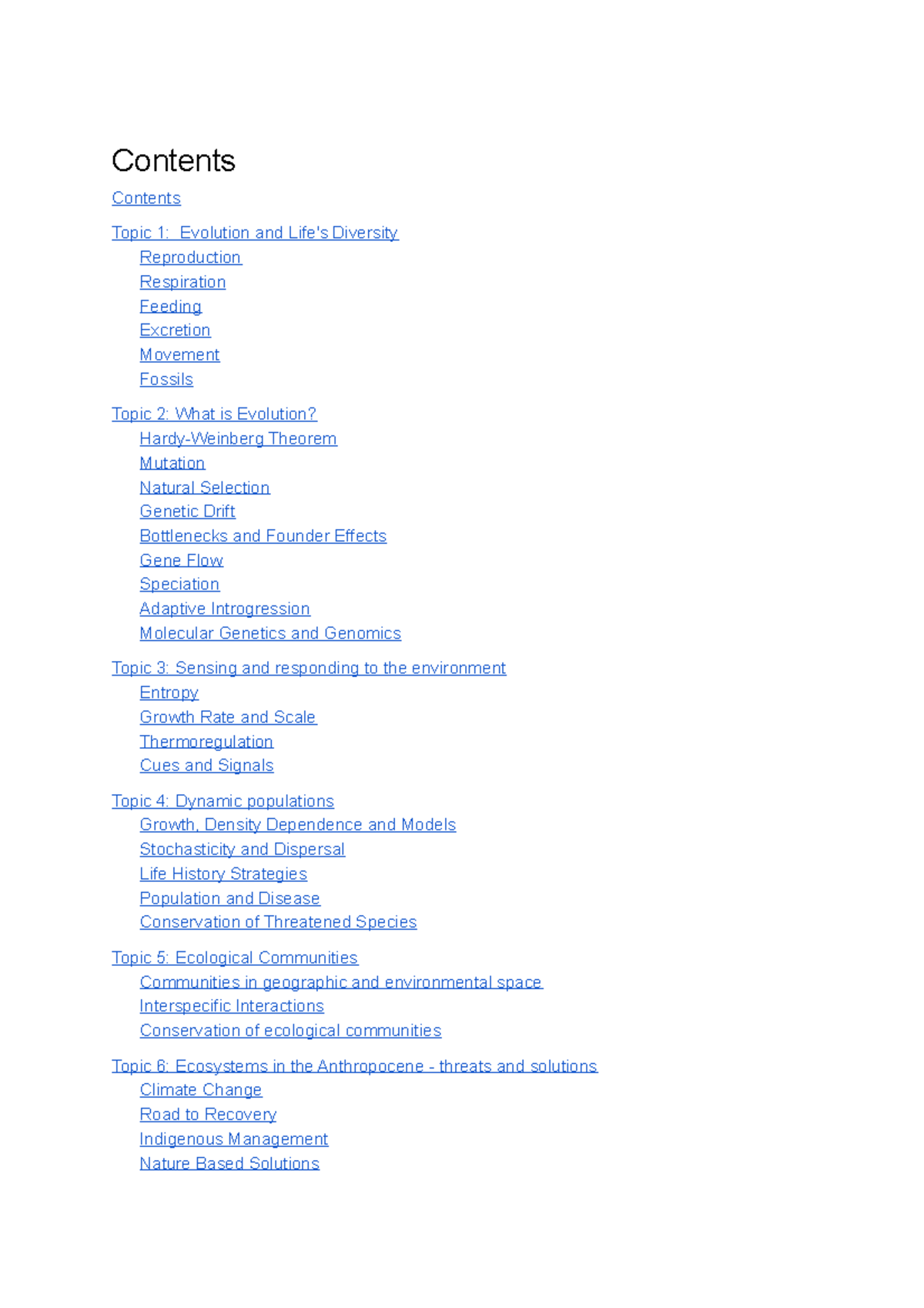 BIOL10010 Bio Sem 2 Exam Prep - Contents Contents Topic 1: Evolution ...
