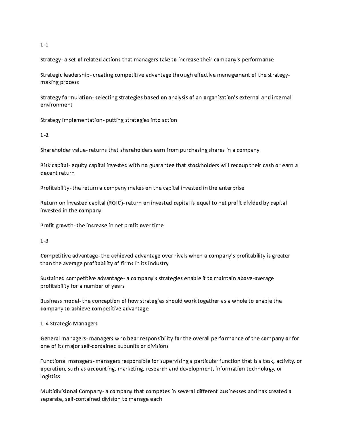 Strategy Notes - Chapter 1 - 1- Strategy- a set of related actions that ...