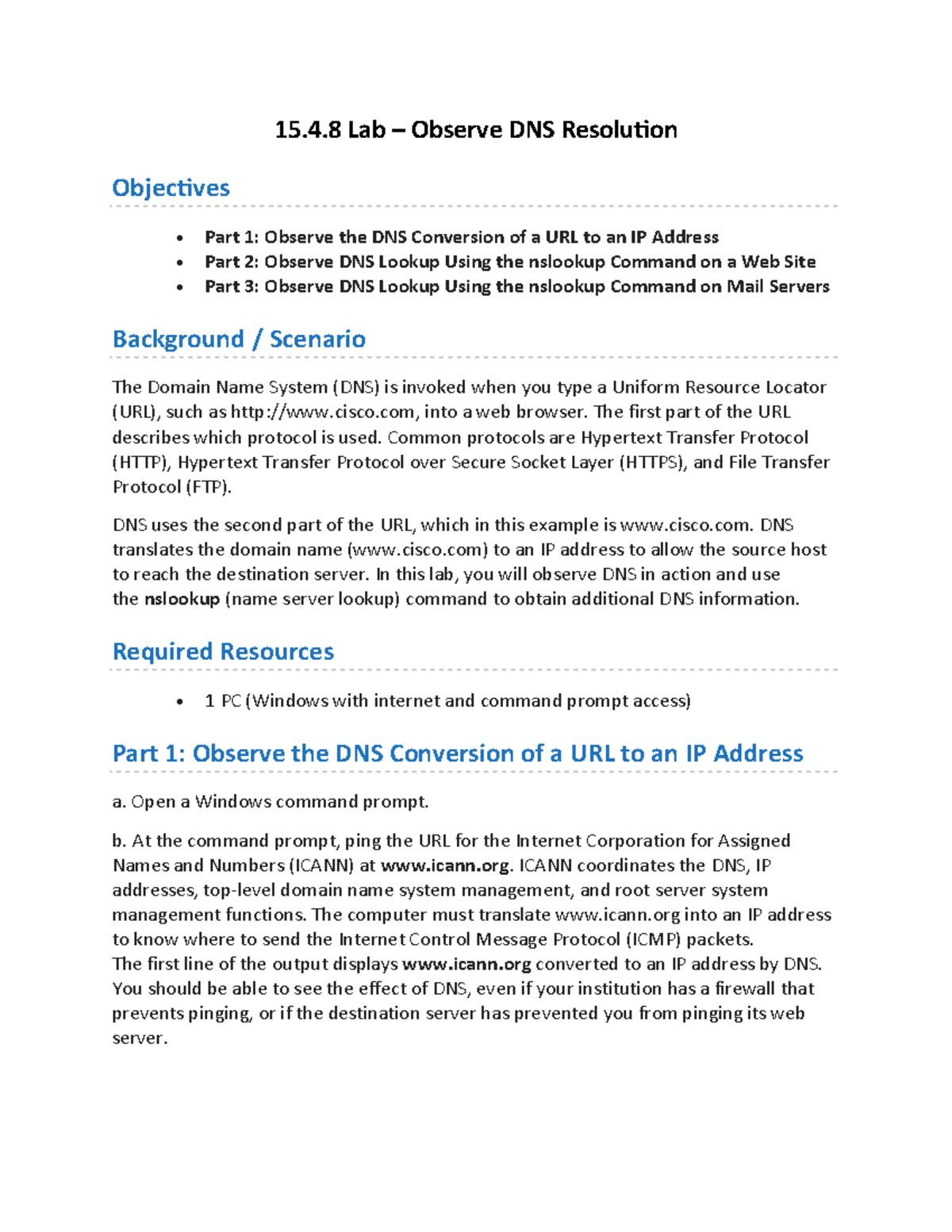 1548 Lab Observe Dns Resolution 154 Lab Observe Dns ResoluƟon ObjecƟves Part 1 Observe 7582