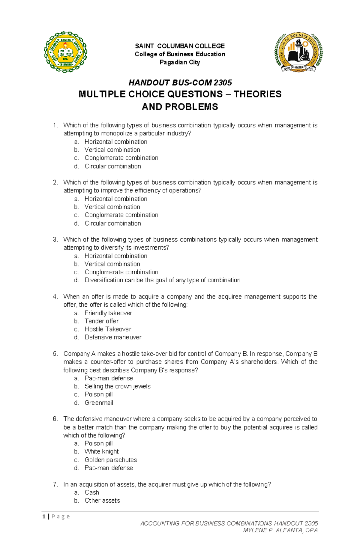 Handout-Bus-Com-2305 - 1 | P a g e ACCOUNTING FOR BUSINESS COMBINATIONS ...