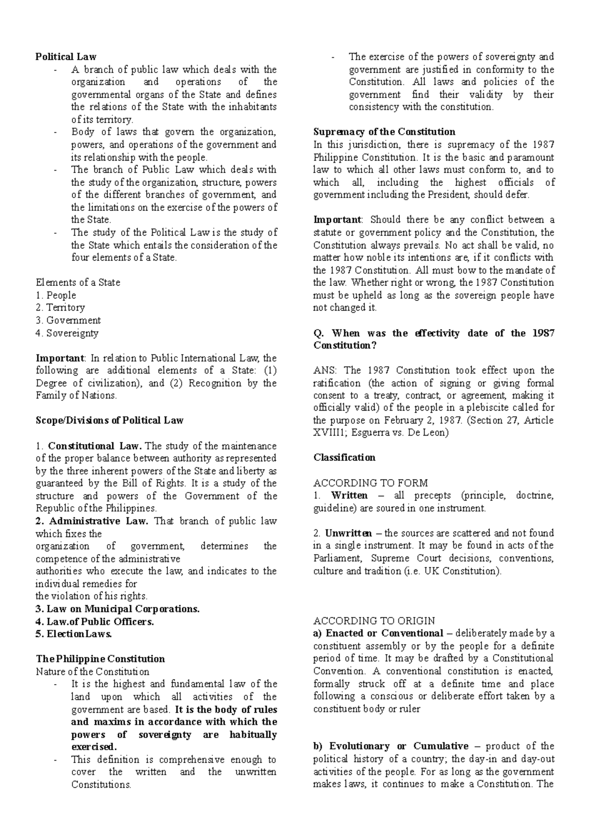 Consti Law - Notes - Political Law - A branch of public law which deals ...