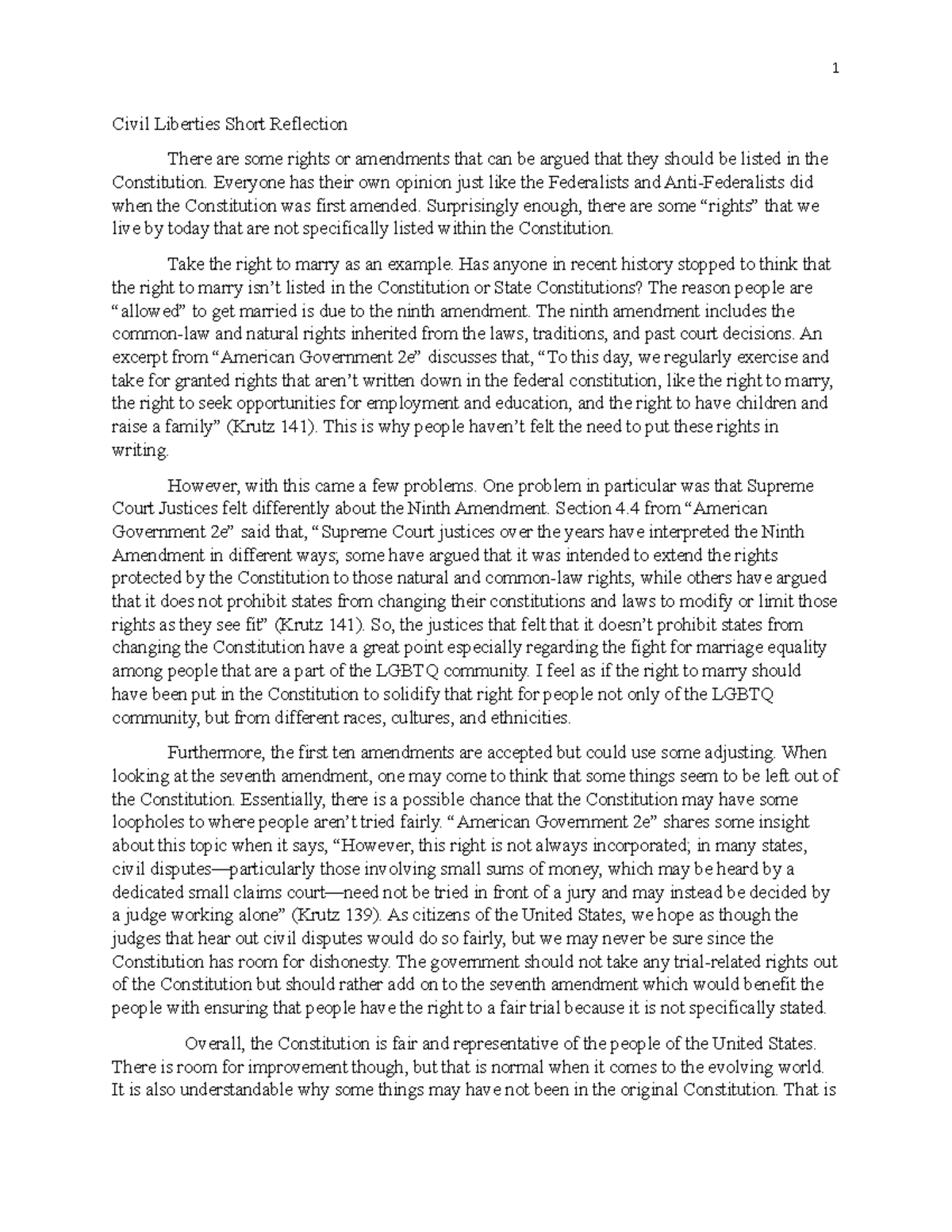 Civil Liberties Short Reflection - 1 Civil Liberties Short Reflection ...