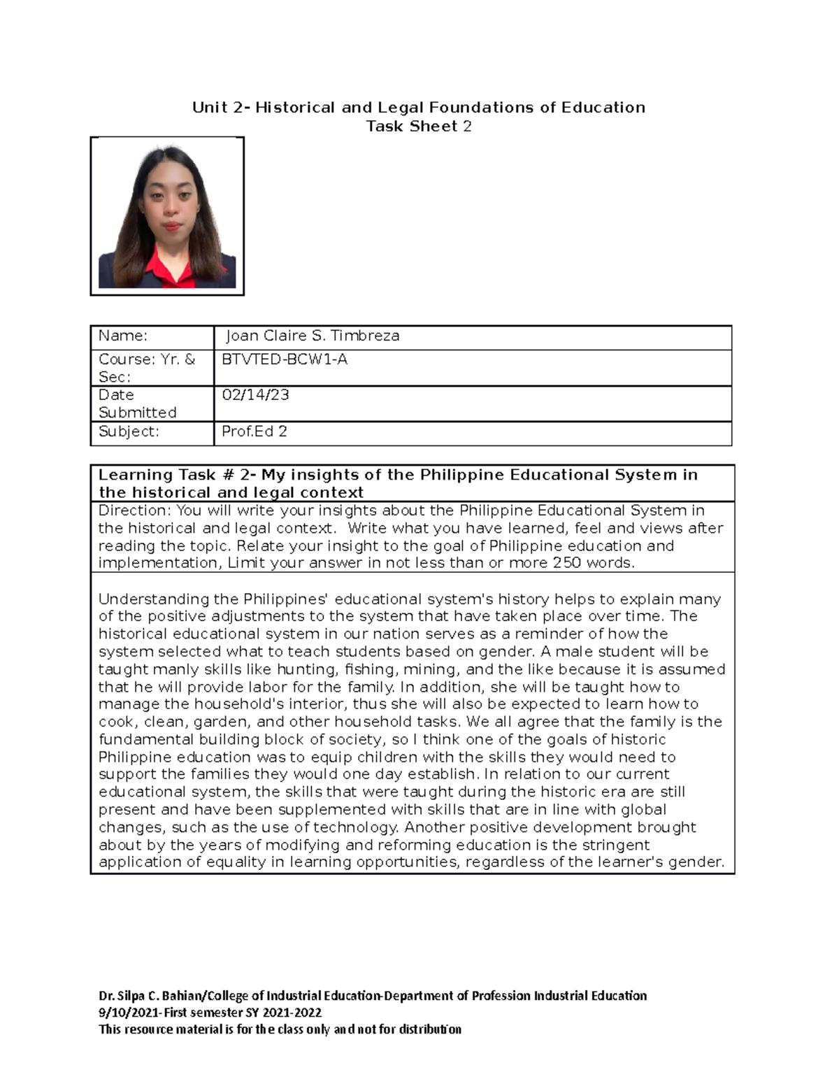 Unit 2-Task Sheet 2 - N/A - Unit 2- Historical and Legal Foundations of ...