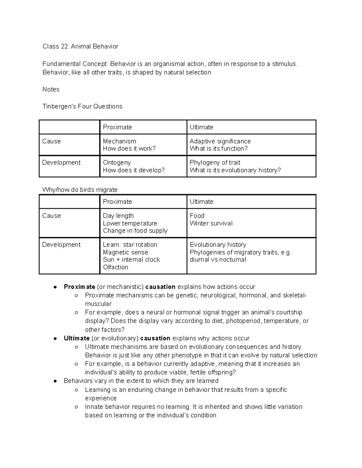Animal Behavior: Proximate and Ultimate Causation Innate vs Learned ...