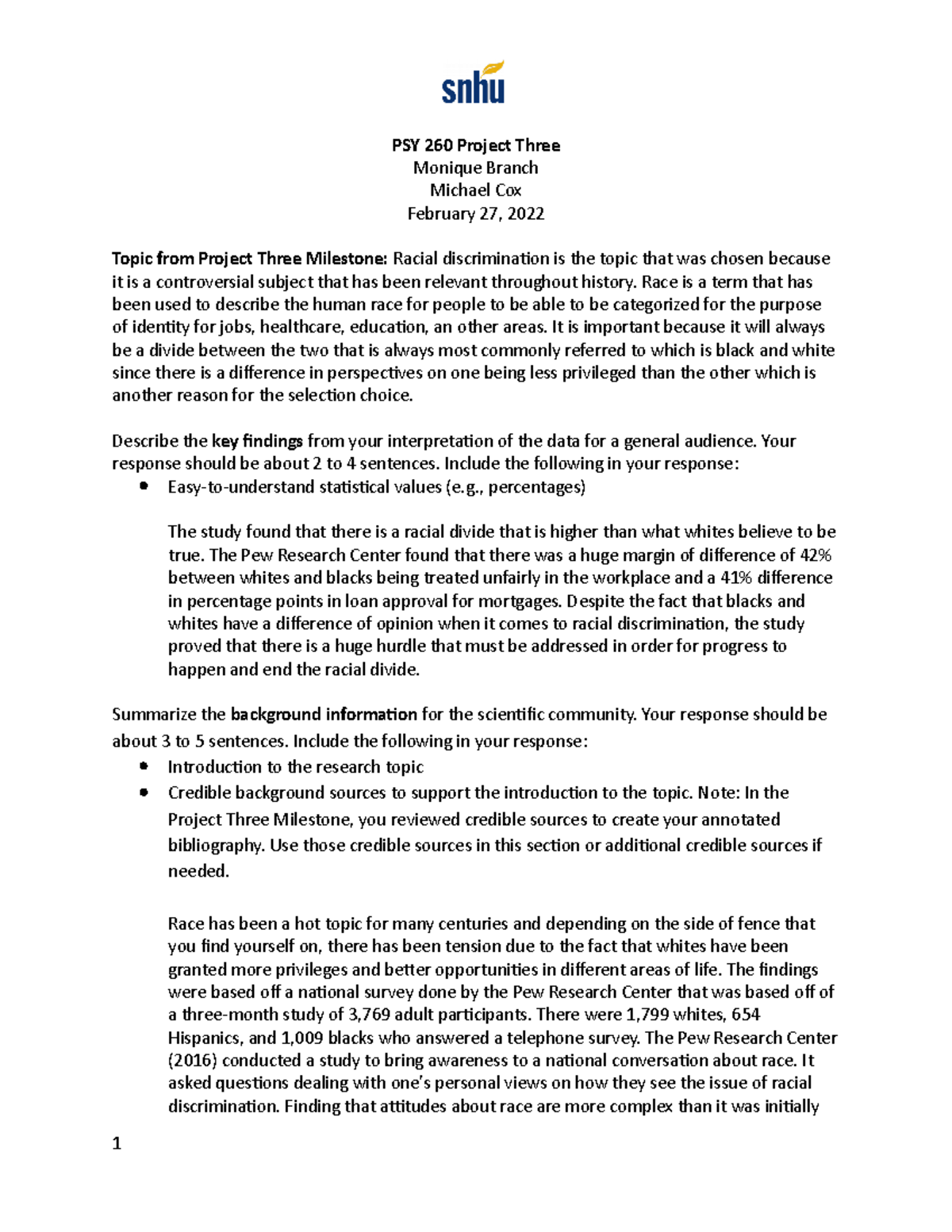 PSY260 Project Three - PSY 260 Project Three Monique Branch Michael Cox February 27, 2022 Topic ...