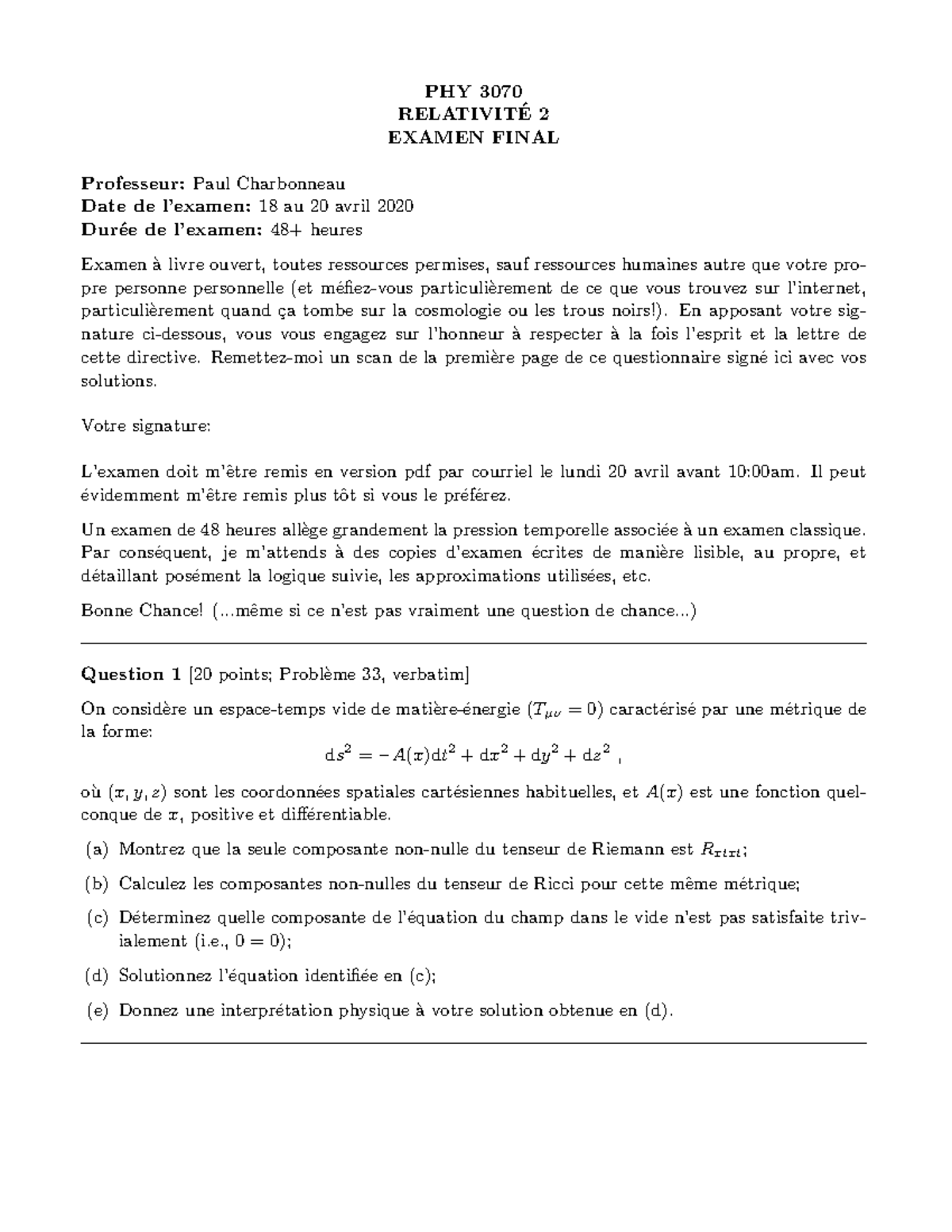 Final phy 3070 2019-2020 - PHY 3070 RELATIVIT ́E 2 EXAMEN FINAL ...