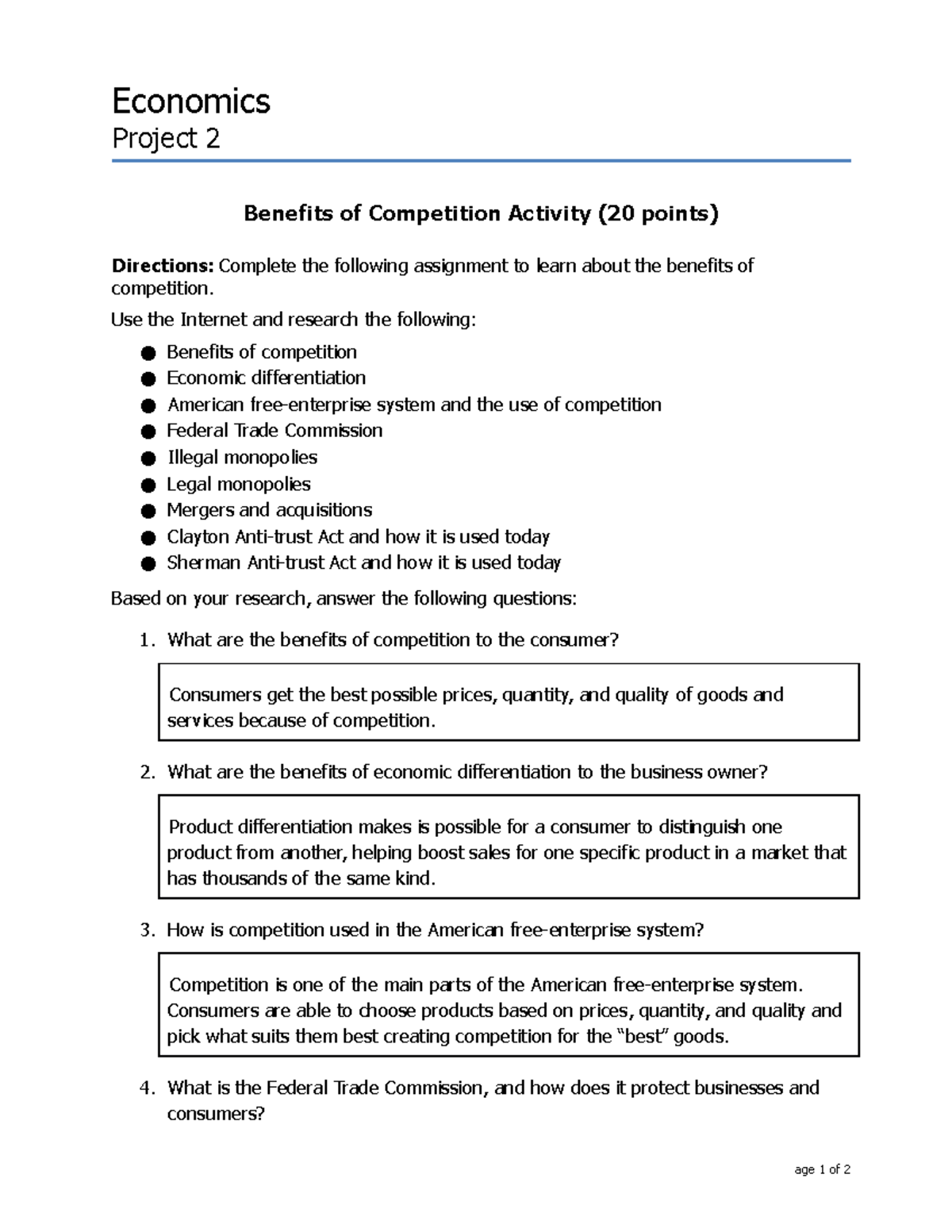 207a Benefits of Competition Activity - Economics Project 2 Benefits of ...