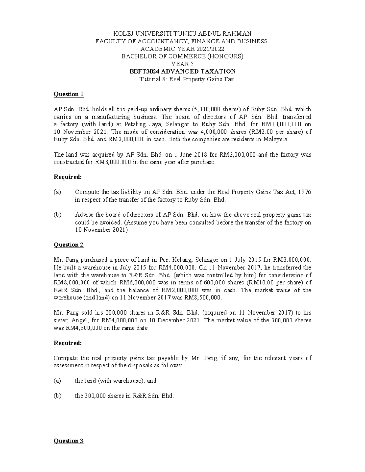 Advanced taxation (ATX) - Tutorial 8 Real Property Gains Tax - KOLEJ ...