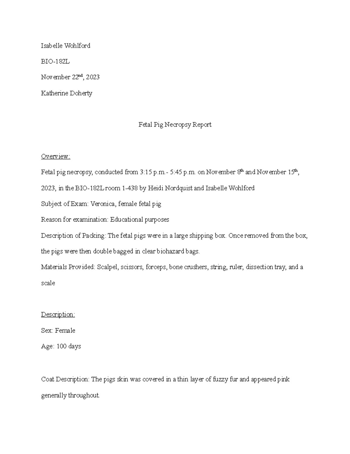 Necropsy Report - Isabelle Wohlford BIO-182L November 22nd, 2023 ...