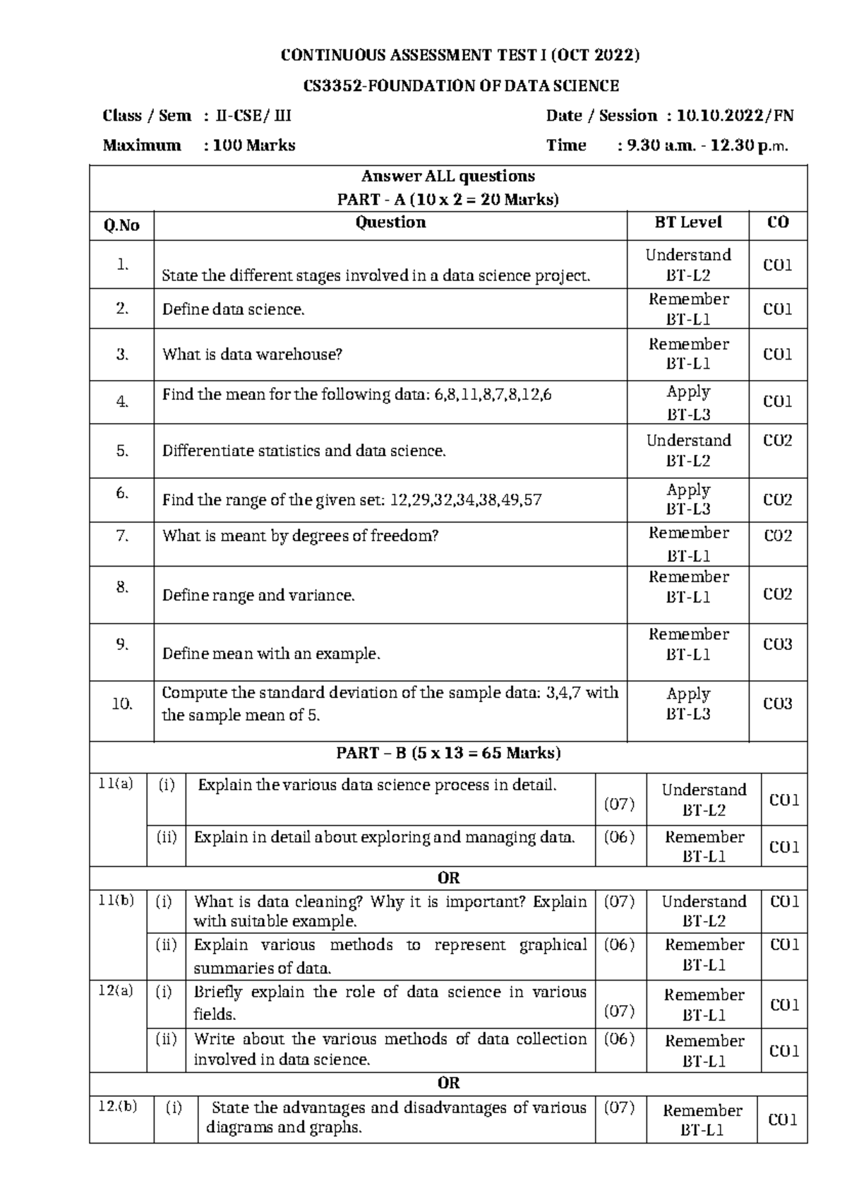 FDS CAT 1 QUS cse - assessment - CONTINUOUS ASSESSMENT TEST I (OCT 2022 ...