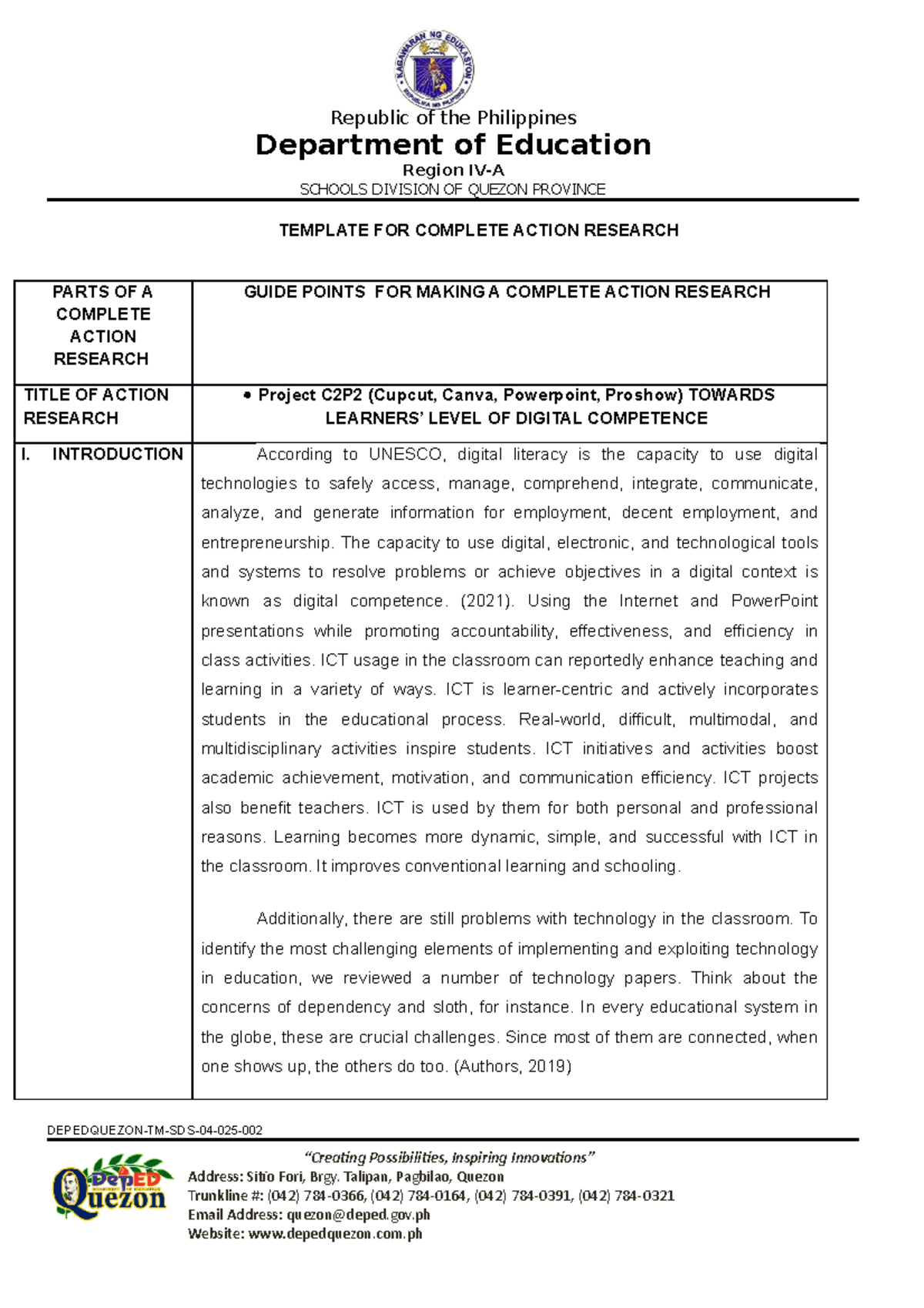 Template FOR Complete Action Research project c2p2 - Department of ...