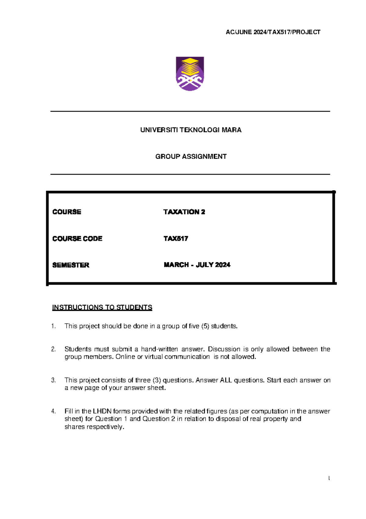 TAX517 Group Assignment June 2024 - UNIVERSITI TEKNOLOGI MARA GROUP ...