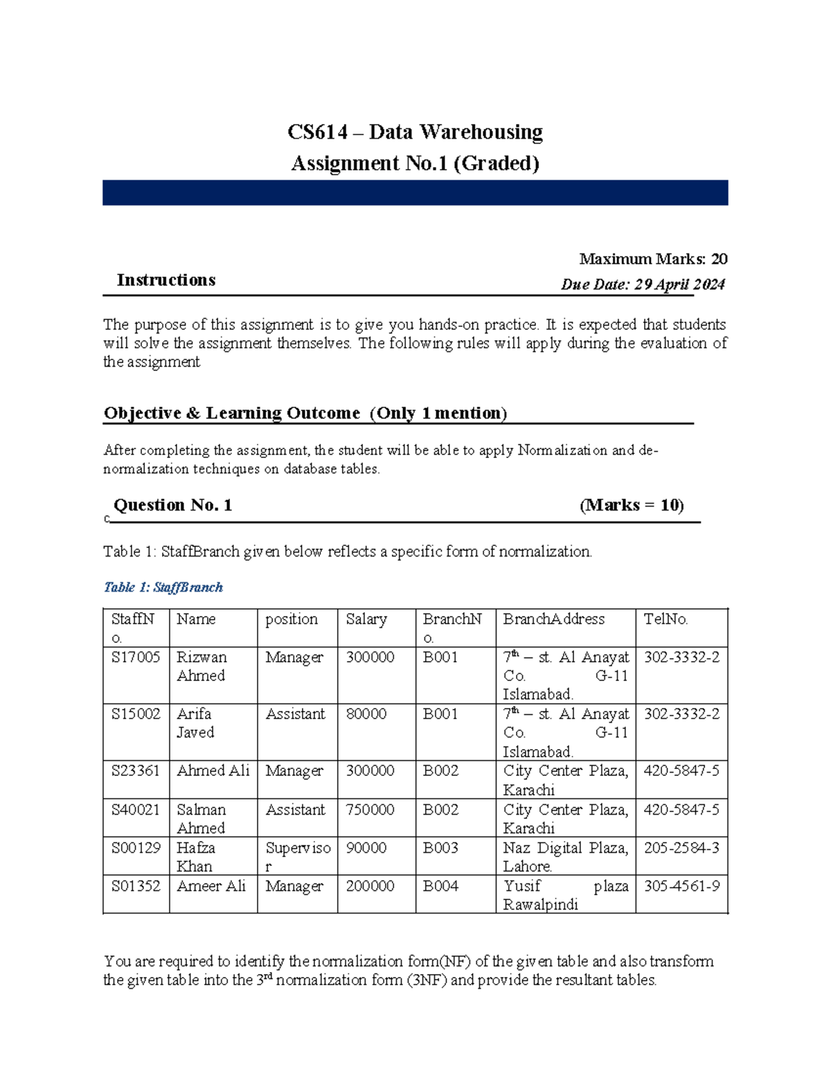 CS614-Assignment-112132 - CS614 – Data Warehousing Assignment No (Graded) Maximum Marks: 20 ...