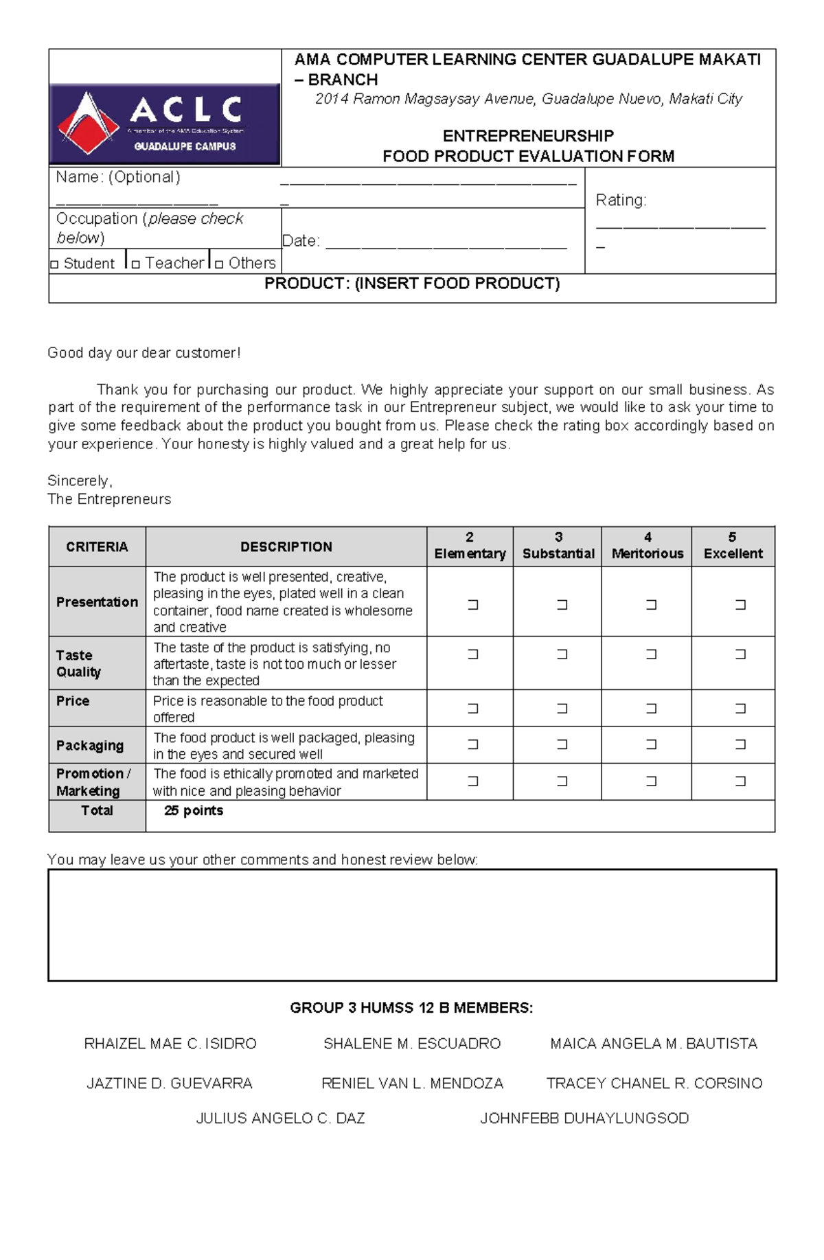FOOD- Product- Evaluation - AMA COMPUTER LEARNING CENTER GUADALUPE ...