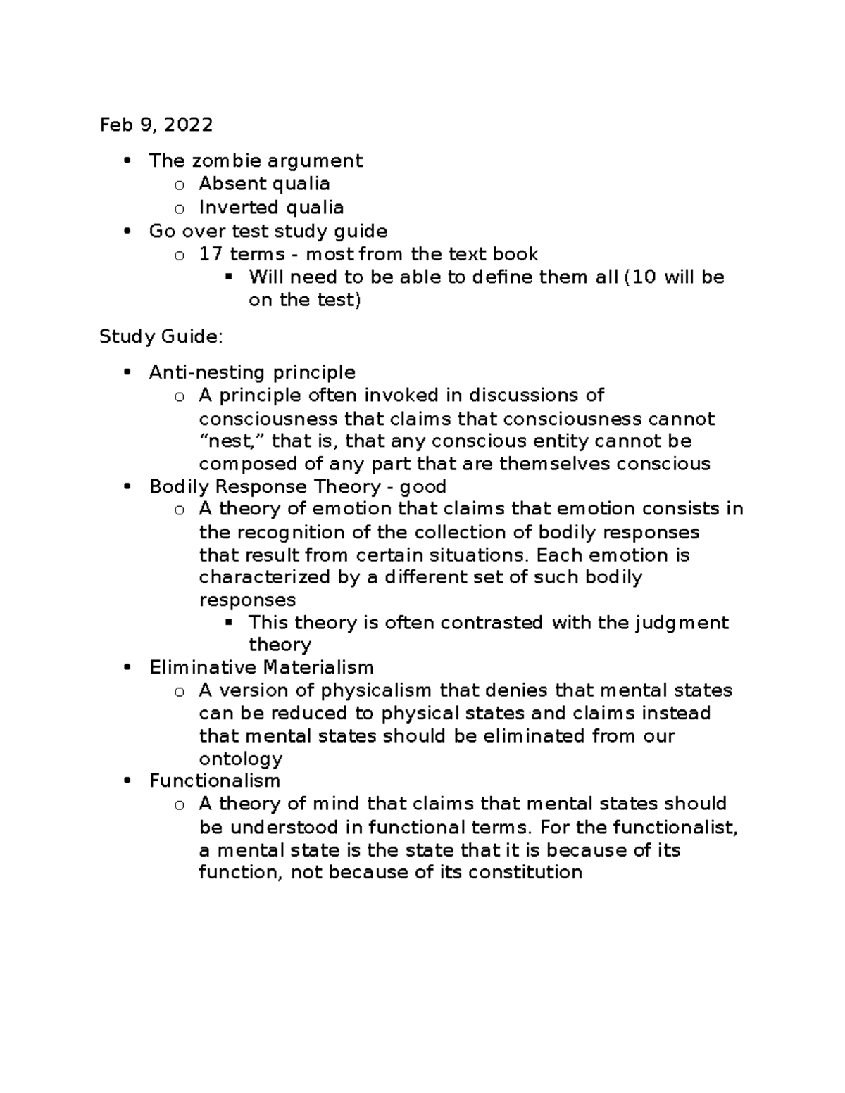 2 phl - lecture - Feb 9, 2022 The zombie argument o Absent qualia o ...