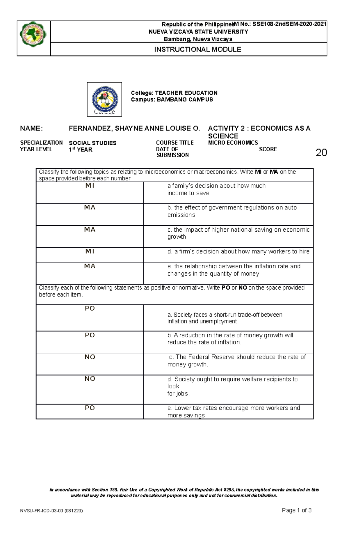 Activity 2 - MICROECONOMICS IS ABOUT ECONOMY STUDYING THE MICRO AND ...