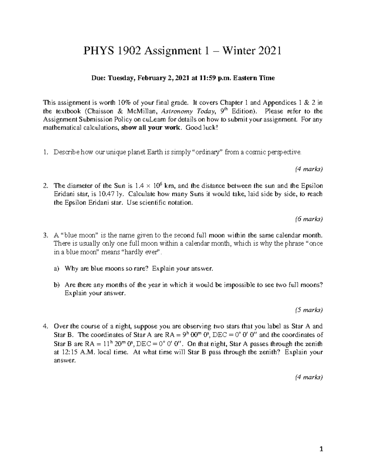 PHYS 1902 W2021 Assignment 1 - 1 PHYS 1902 Assignment 1 – Winter 2021 ...