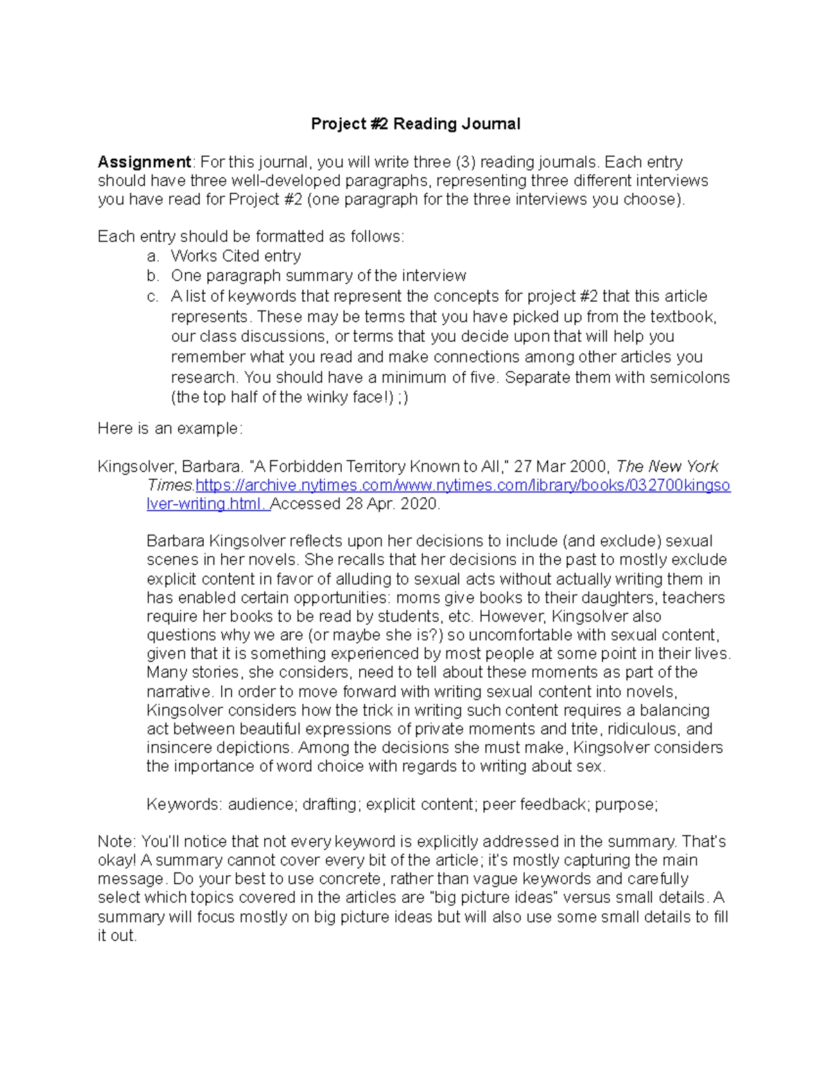 SU 20 Reading Journal Project 2 - Project #2 Reading Journal Assignment ...