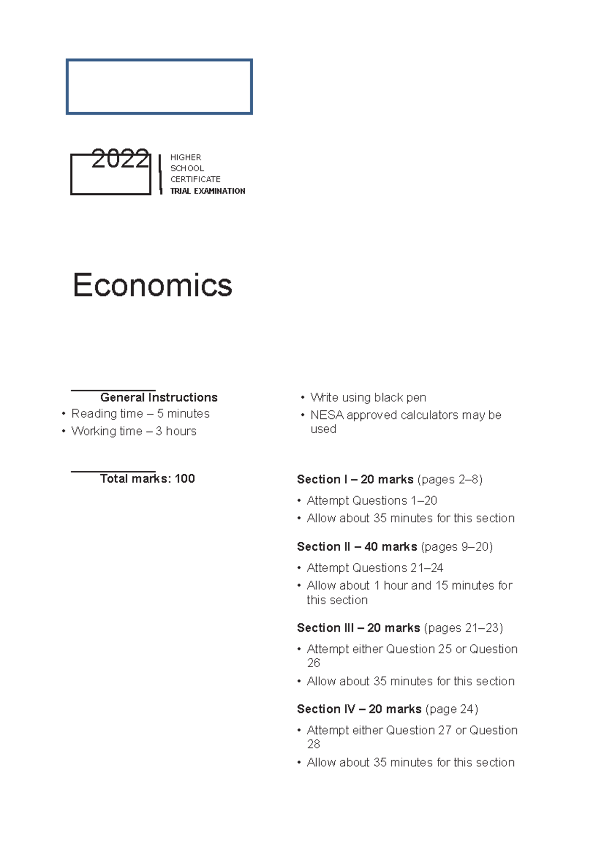 2022 Economics Trial HSC - HIGHERSCHOOL CERTIFICATE TRIAL EXAMINATION ...