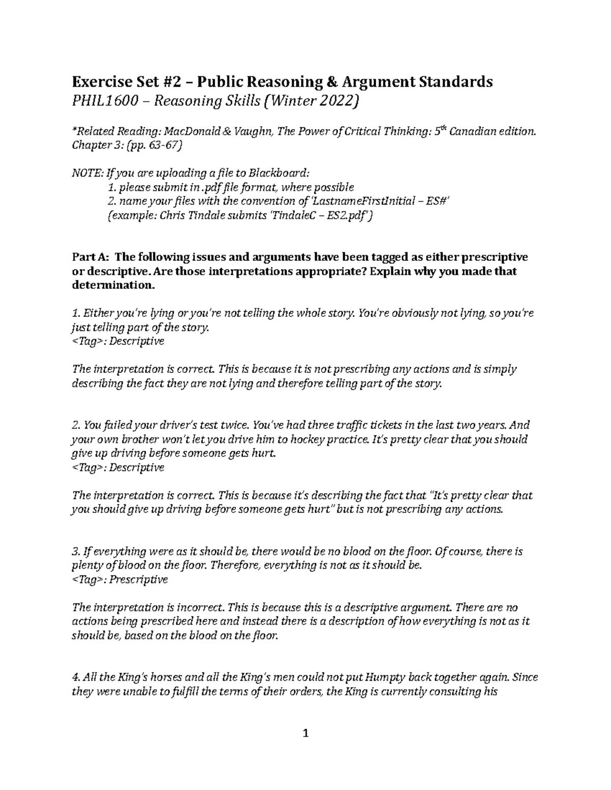 Exercise Set 2 - aasf adf s - Exercise Set #2 – Public Reasoning & Argument Standards PHIL1600 ...