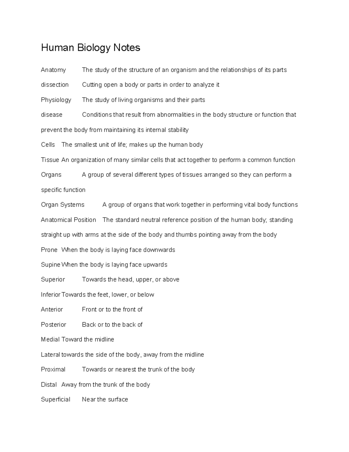 Human Biology Notes - Human Biology Notes Anatomy The study of the ...