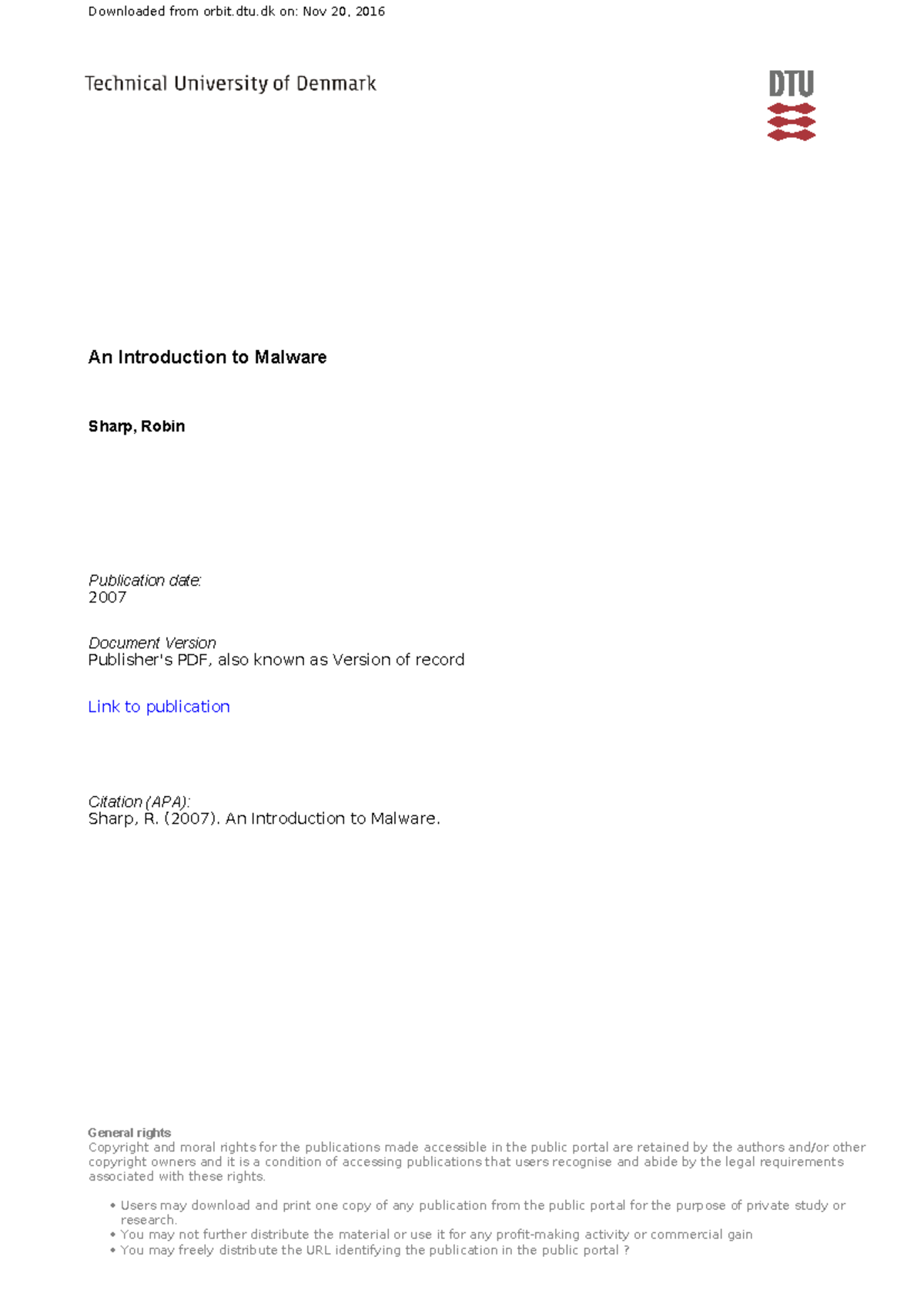 Introduction to Malware by Robin Sharp - ####### Downloaded from orbit ...