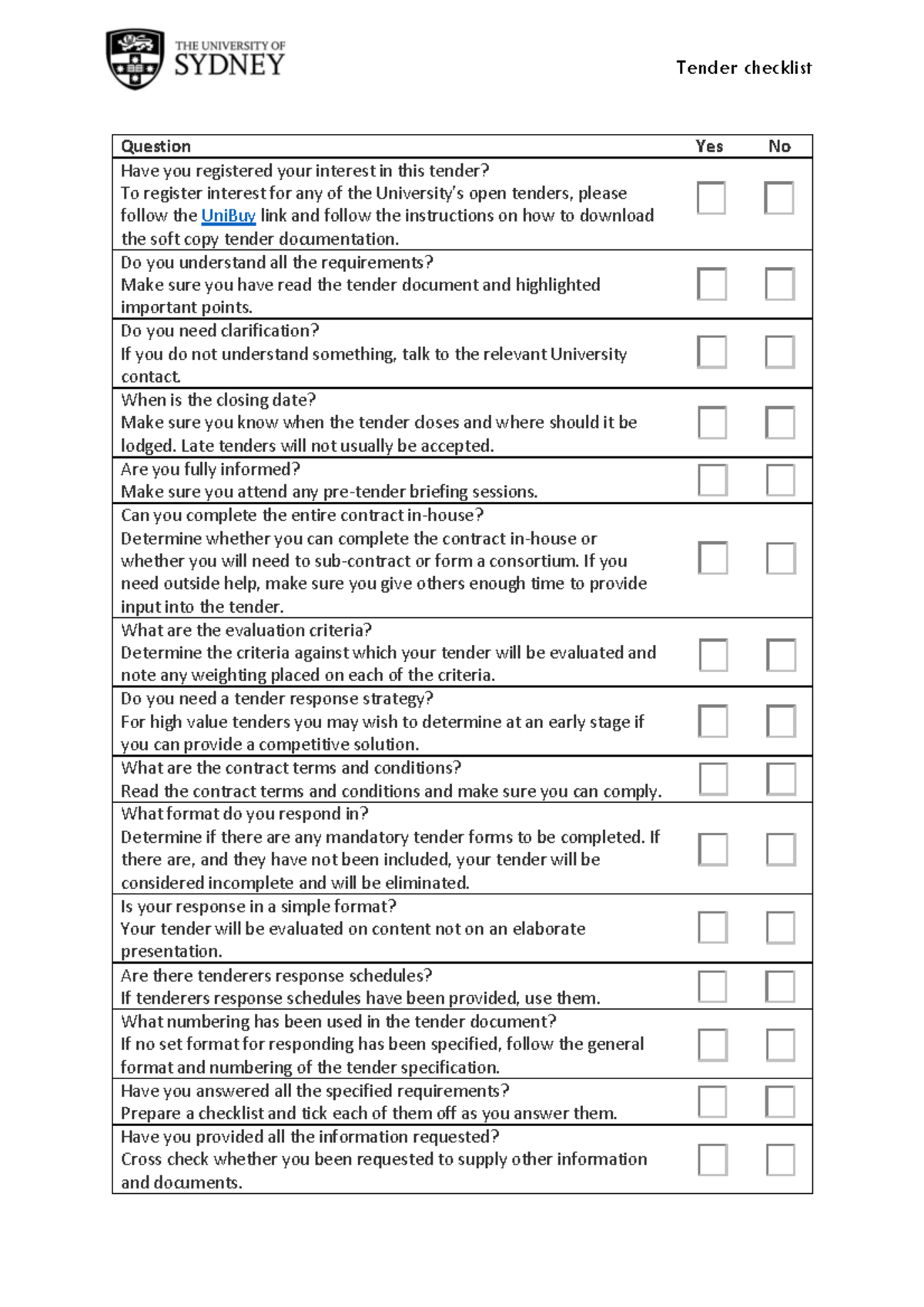 Tender-checklist - list - Tender checklist Question Yes No Have you ...