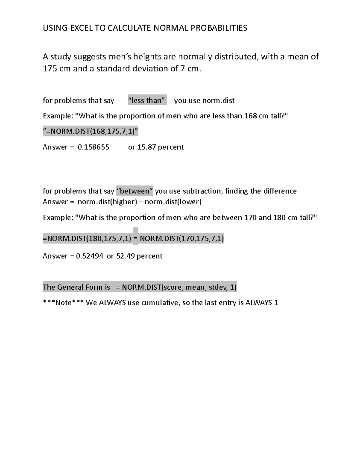 Aide Memoire Excel NORM.DIST #1 - USING EXCEL TO CALCULATE NORMAL ...