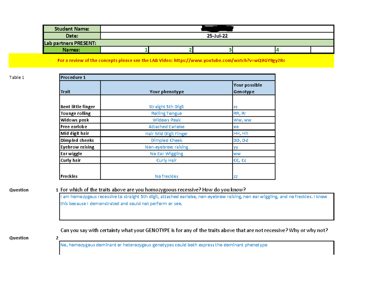 Biology I Lab 9 Genetics/DNA Extraction - 1 2 3 4 Table 1 Procedure 1 ...