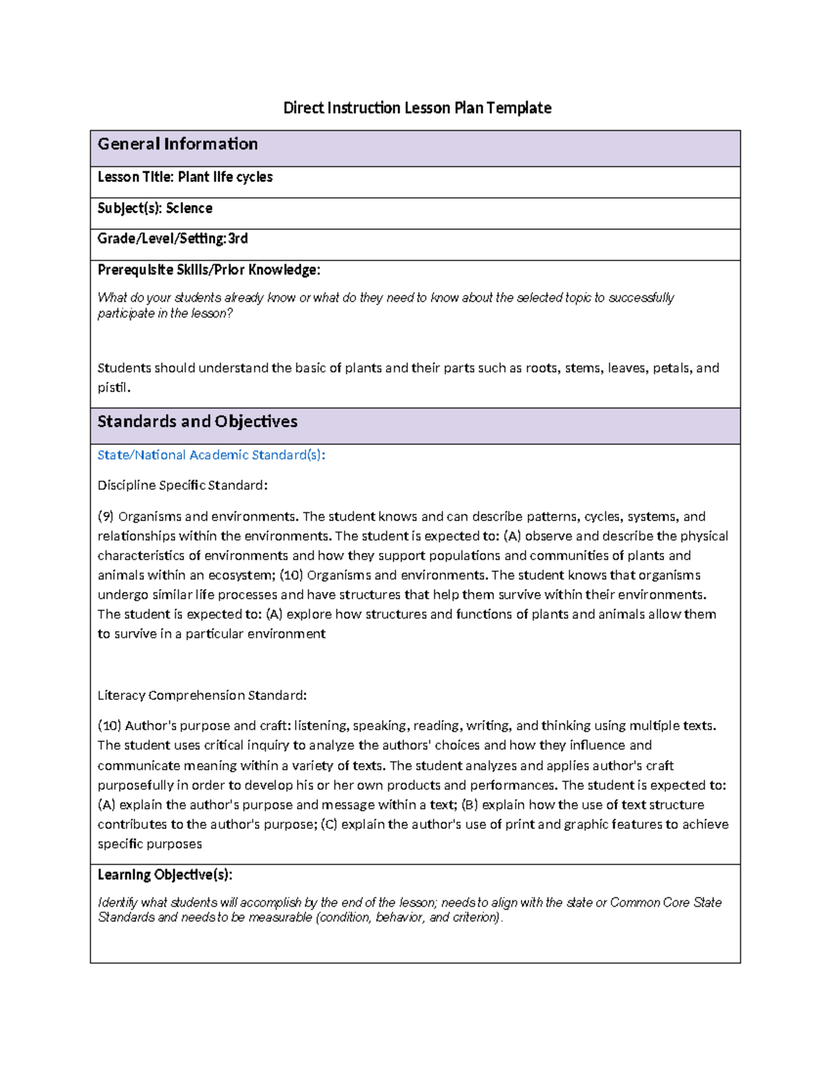 D. Literacy Task 1 - Direct Instruction Lesson Plan Template General ...