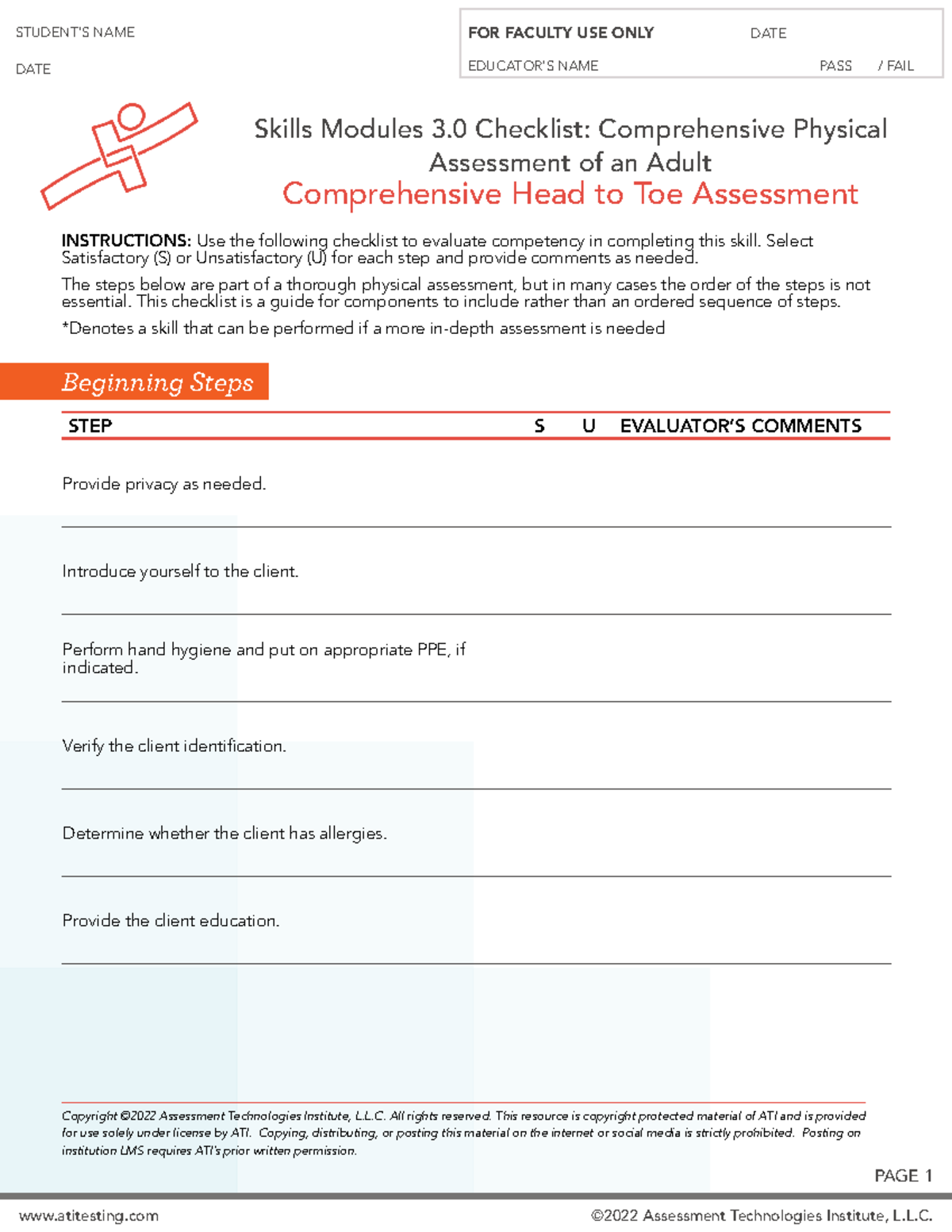Skills Checklist Comp-Adult - PAGE 1 Copyright ©2022 Assessment ...