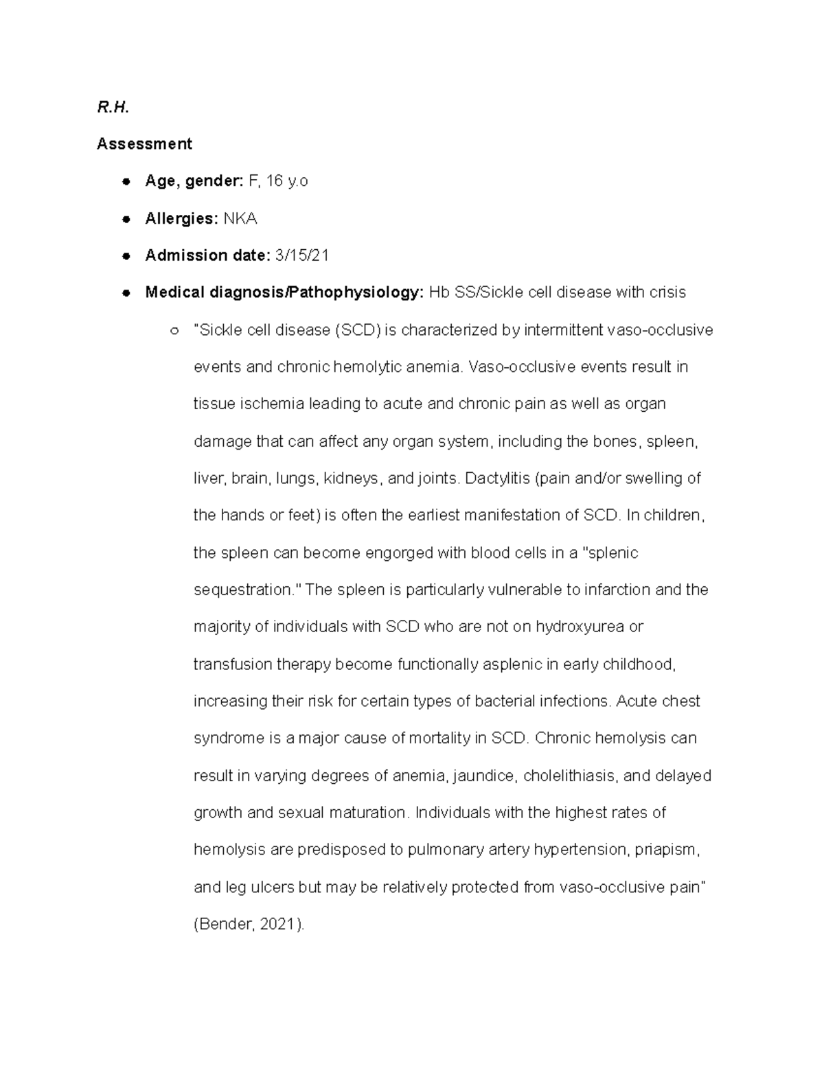 Nursing Process Paper 3 - R. Assessment Age, gender: F, 16 y Allergies ...