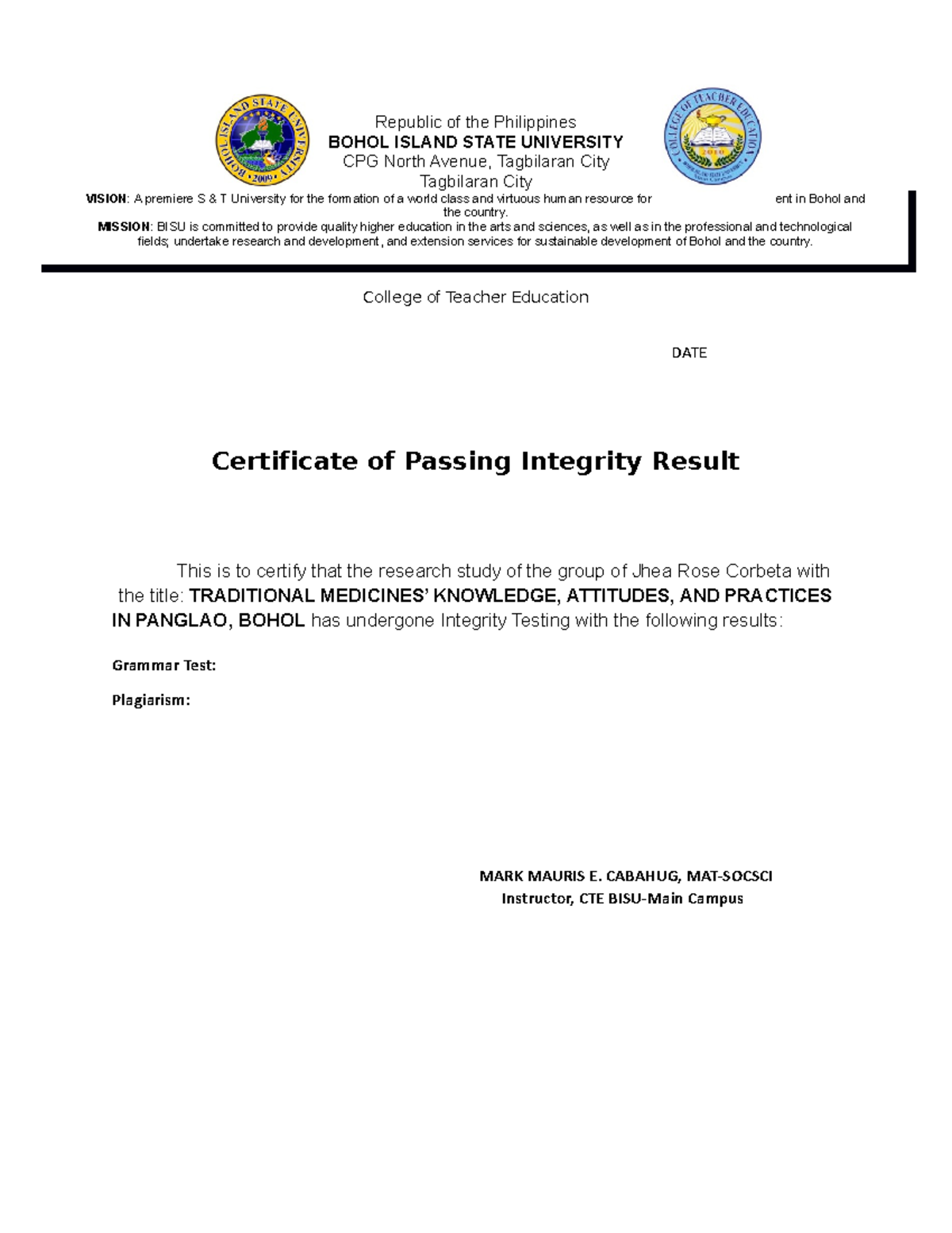 Certificate for Passing Integrity Result - Republic of the Philippines ...