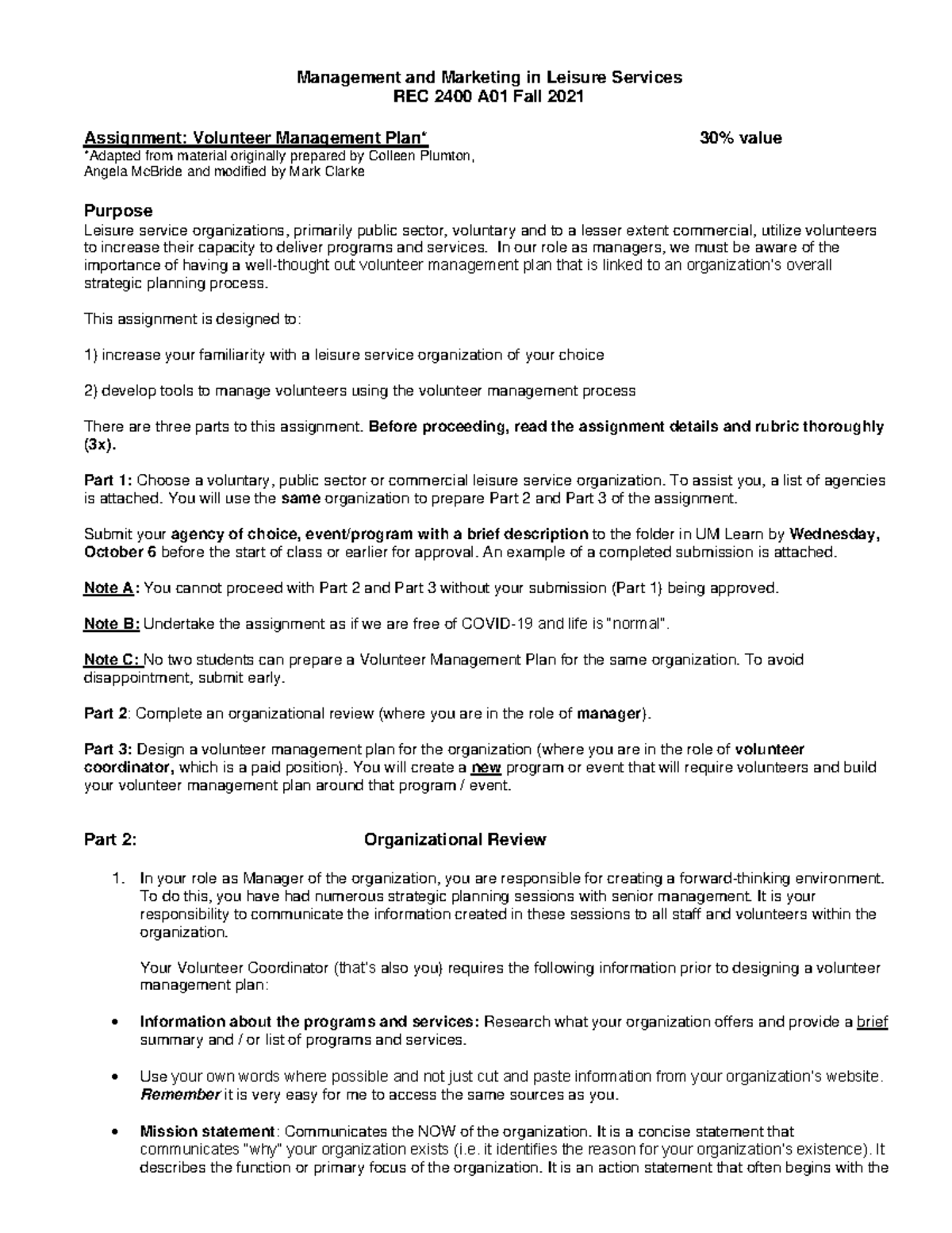 Volunteer Management Plan Assignment Fall 2021 1 - REC 2400 - U of M ...