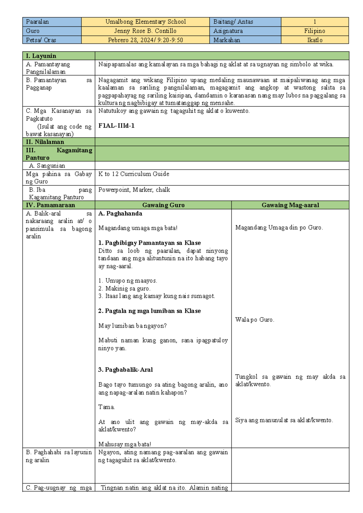 Lesson plan.doc - Paaralan Umalbong Elementary School Baitang/ Antas 1 ...