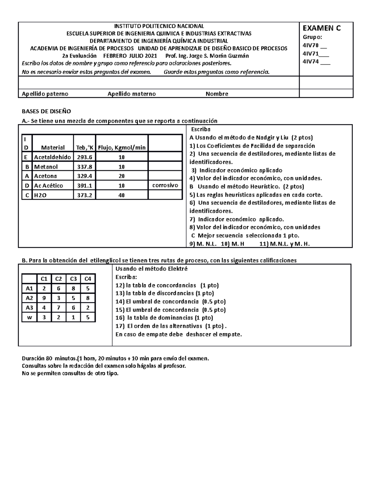 DBP Examen C - bueno - INSTITUTO POLITECNICO NACIONAL ESCUELA SUPERIOR DE INGENIERIA QUIMICA E ...